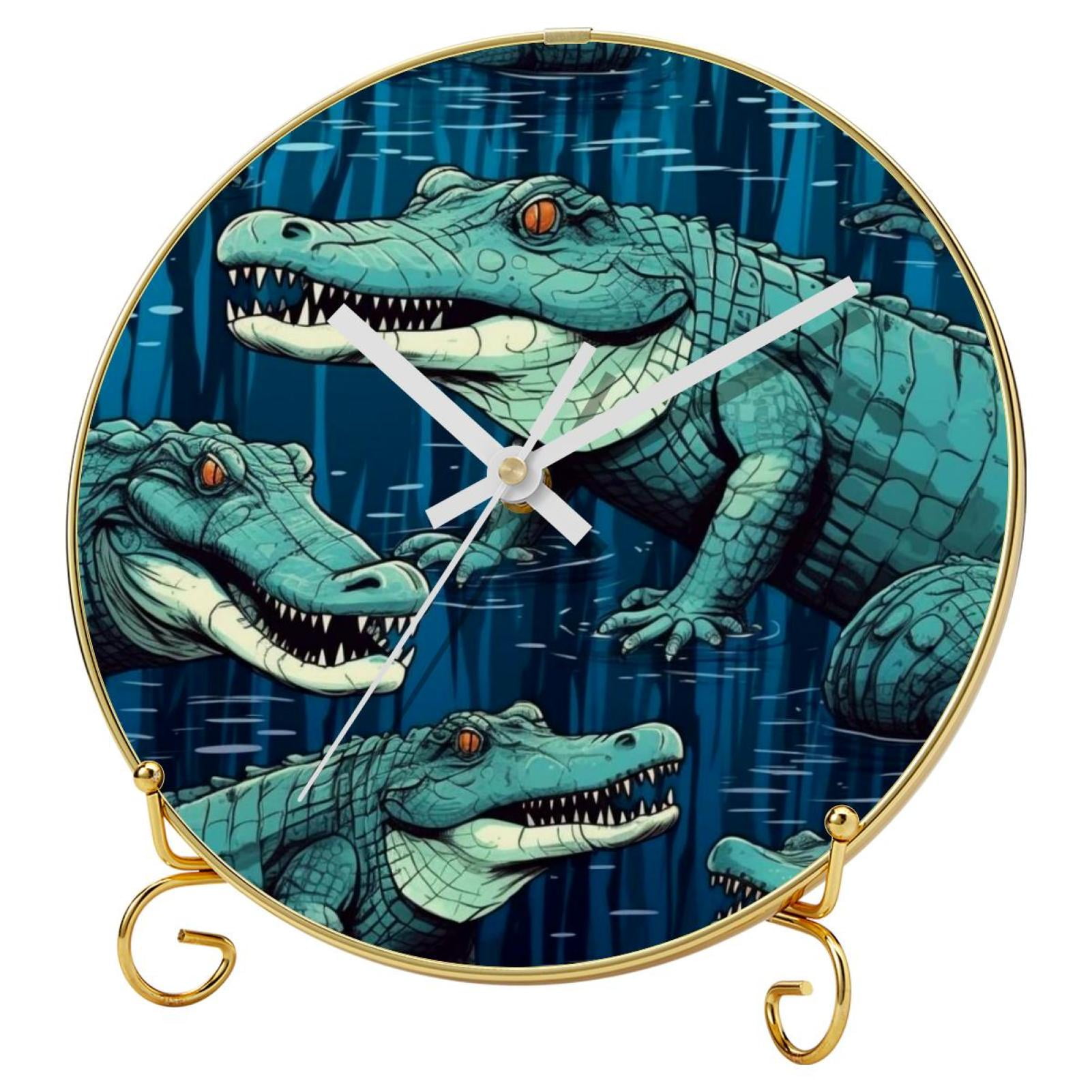 Crocodile Round Printed Wall Clock with Hooks and Gold Stand, Silent ...