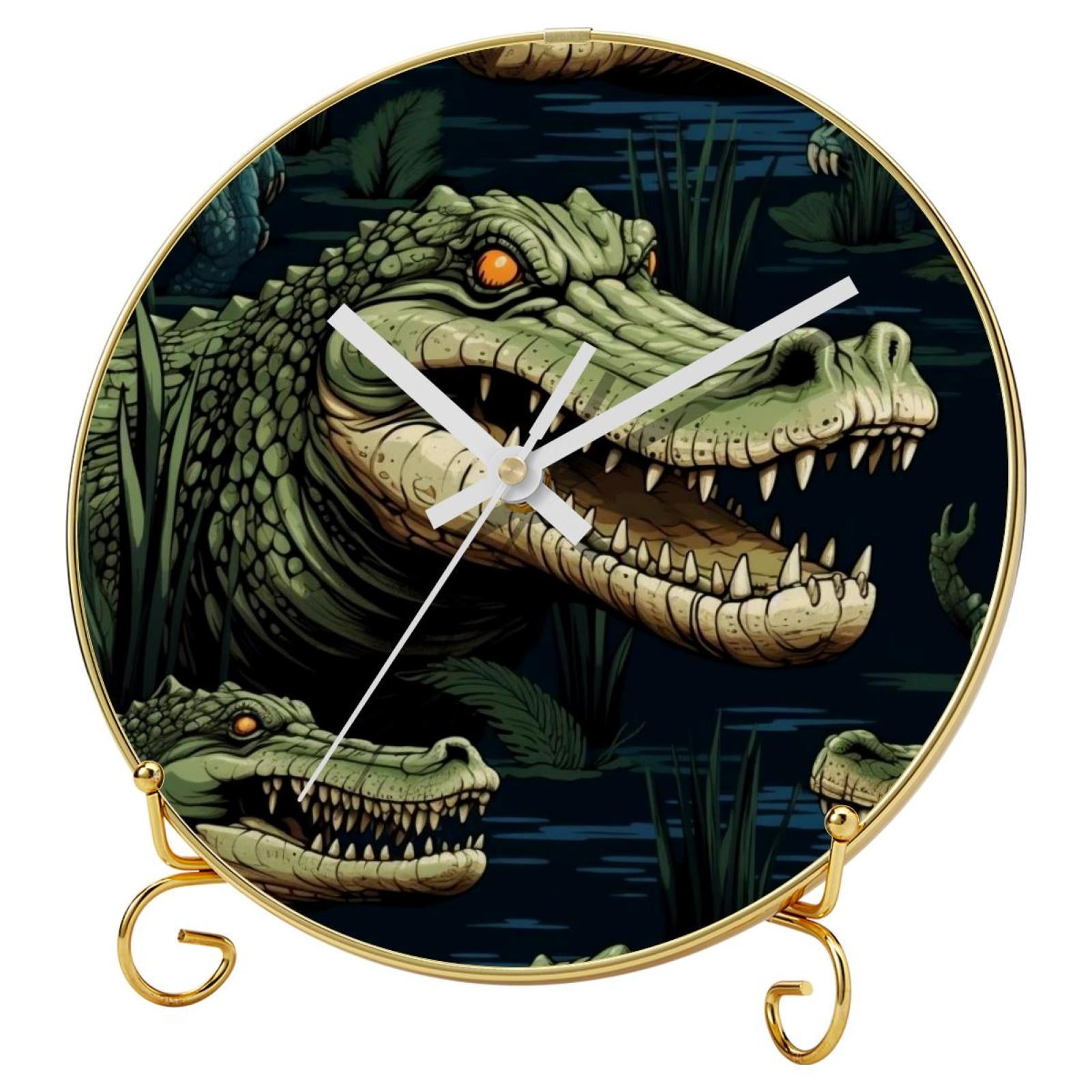 Crocodile Round Printed Wall Clocks with Hooks and Gold Stand, Silent ...