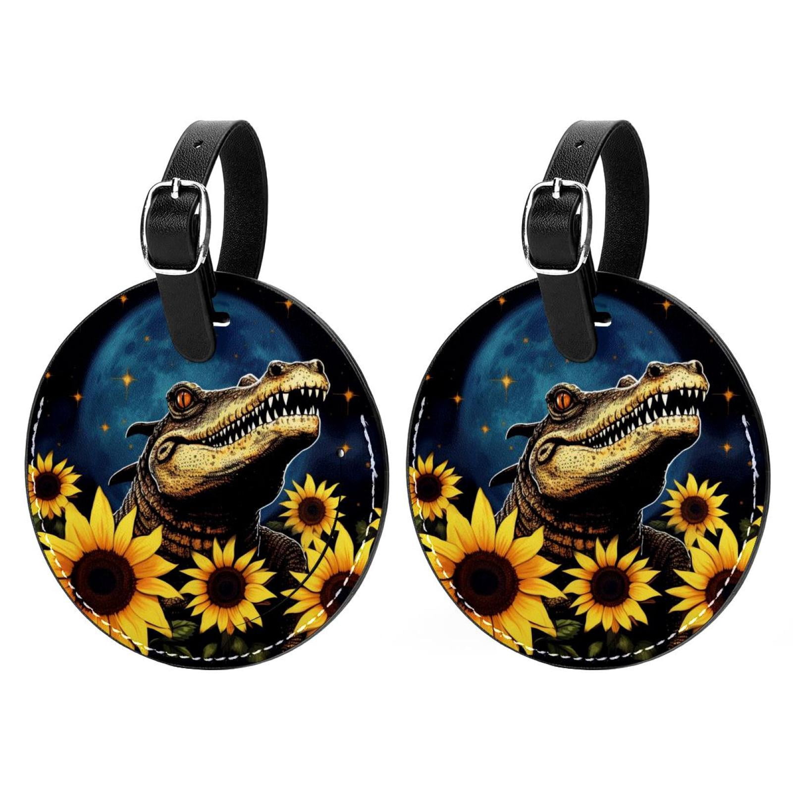 Crocodile Starry Sky Sunflower 2Pcs PU Leather Round Luggage Tags with ...
