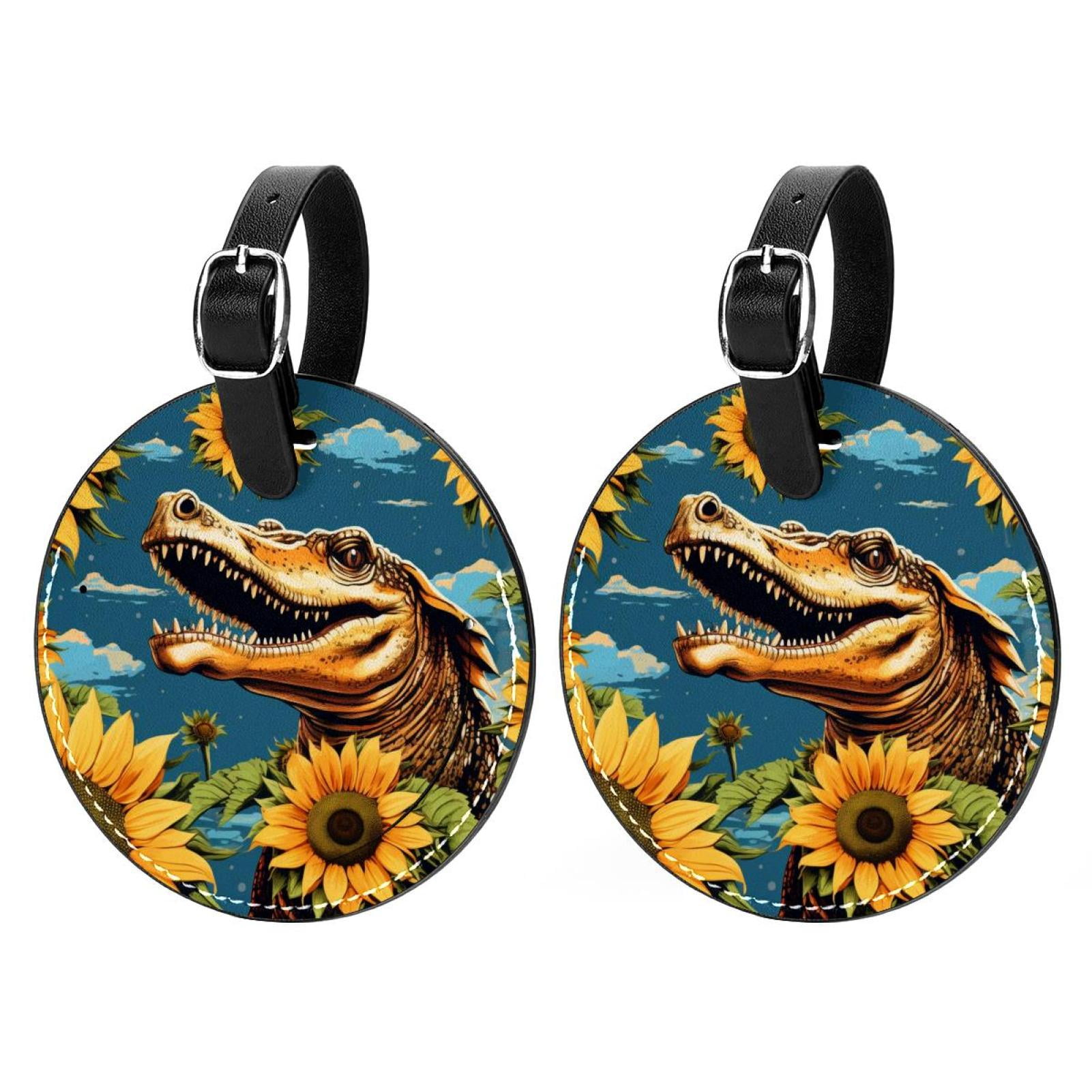 Crocodile Starry Sky Sunflower 2Pcs PU Leather Round Luggage Tags with ...
