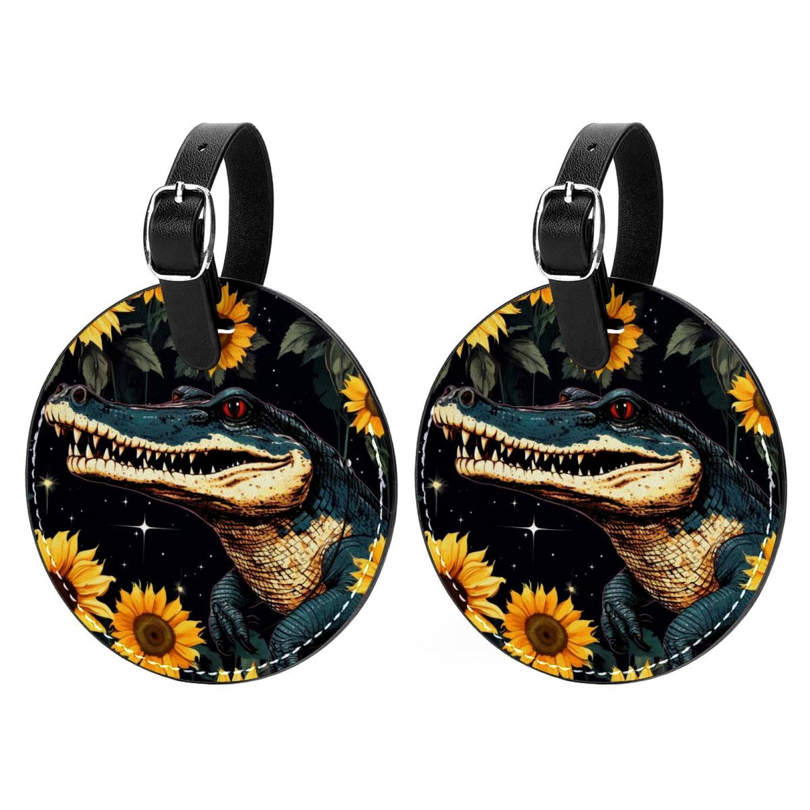 Crocodile Starry Sky Sunflower 2Pcs PU Leather Round Luggage Tags with ...