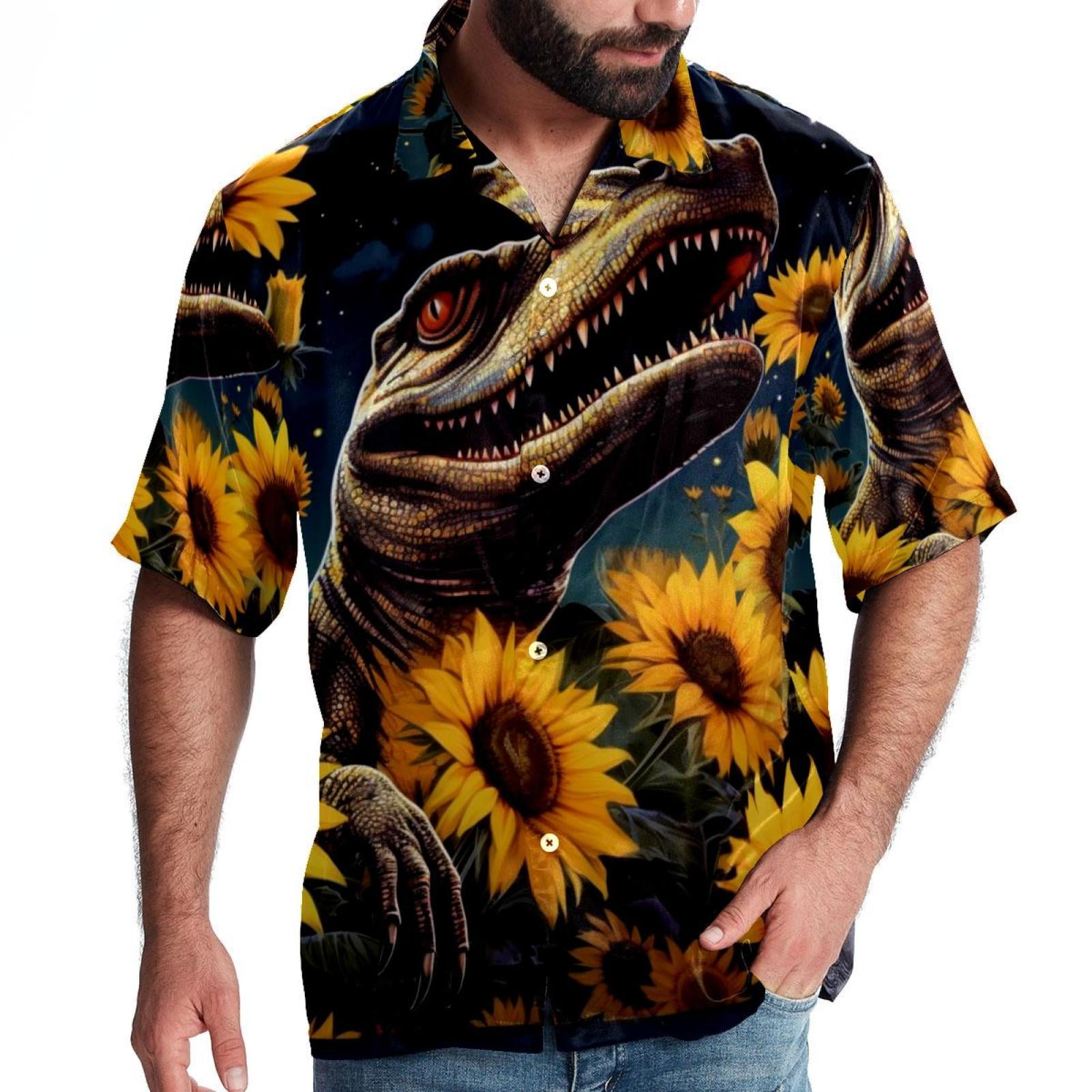 Crocodile Starry Sky Sunflower Men's Short Sleeve Beach Shirts, Casual ...