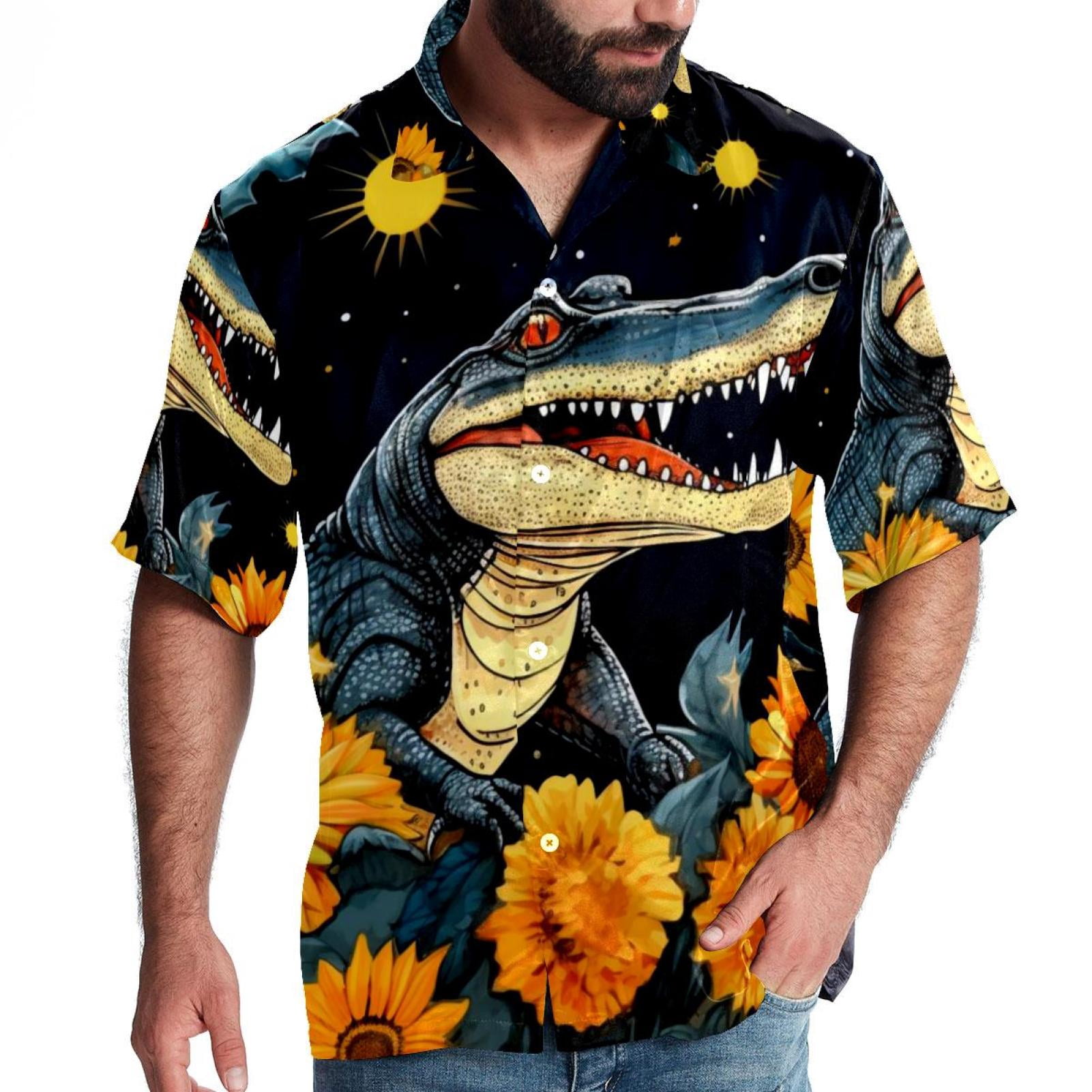 Crocodile Starry Sky Sunflower Men's Short Sleeve Beach Shirts, Casual ...