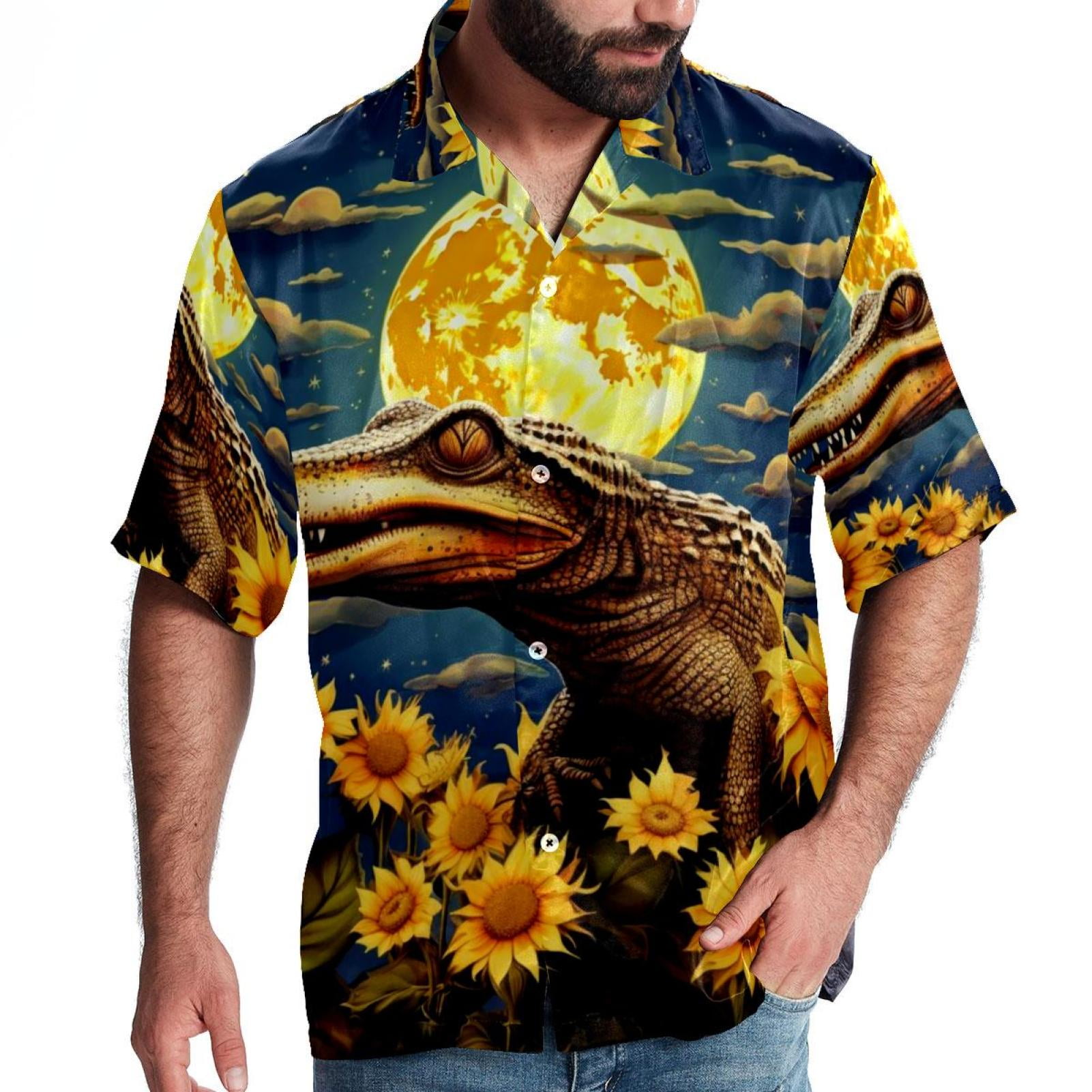 Crocodile Starry Sky Sunflower Men's Short Sleeve Button Down Beach ...