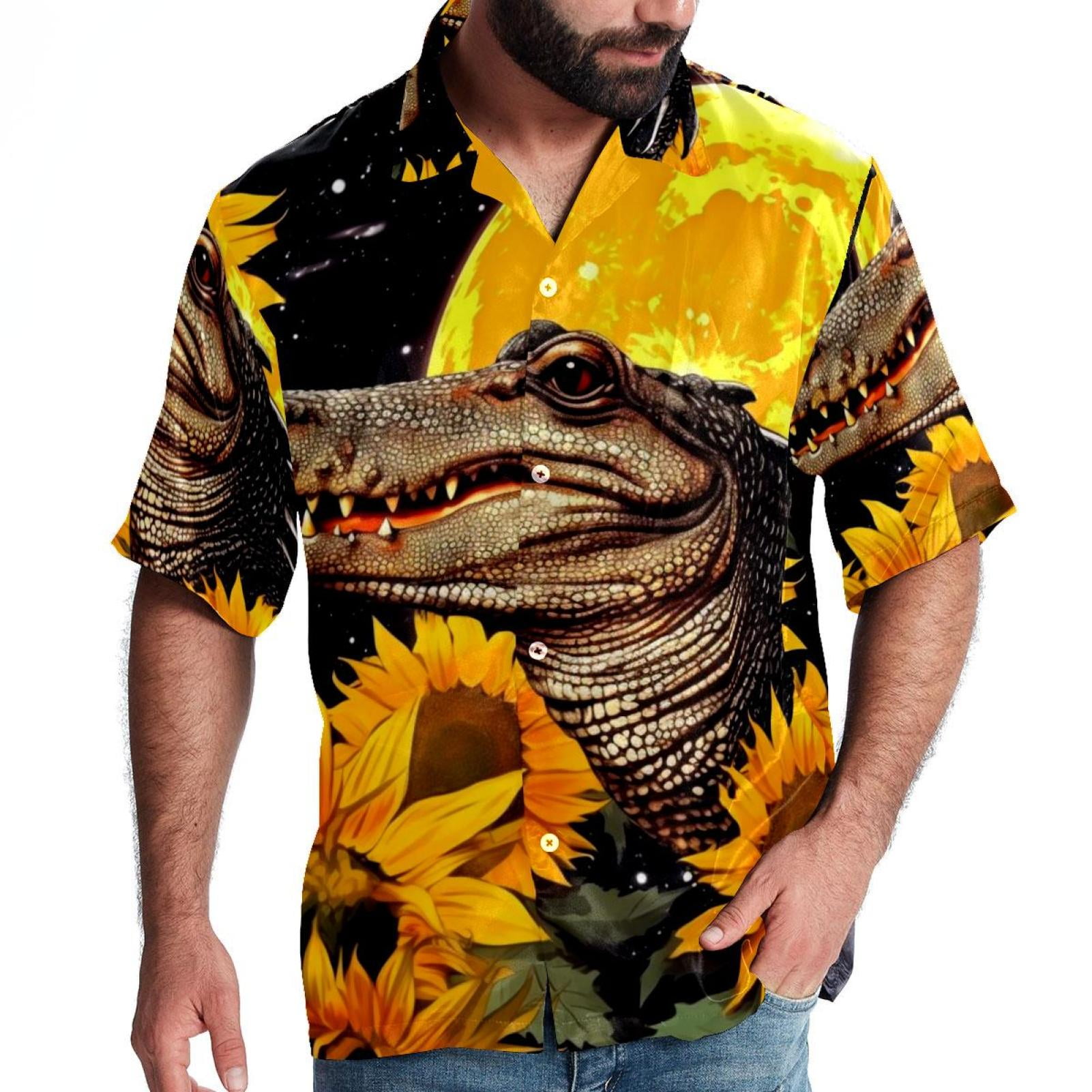 Crocodile Starry Sky Sunflower Men's Short Sleeve Button Down Beach ...