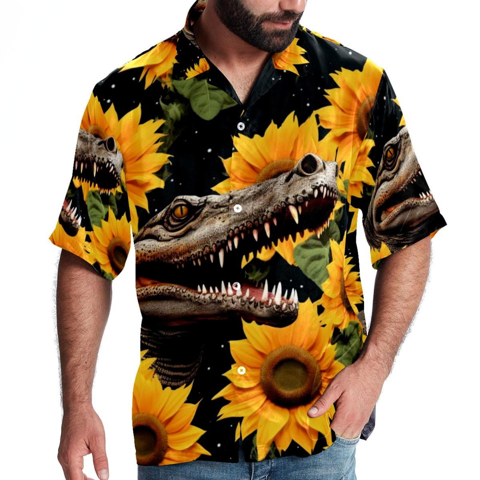 Crocodile Starry Sky Sunflower Men's Short Sleeve Casual Printed Button ...