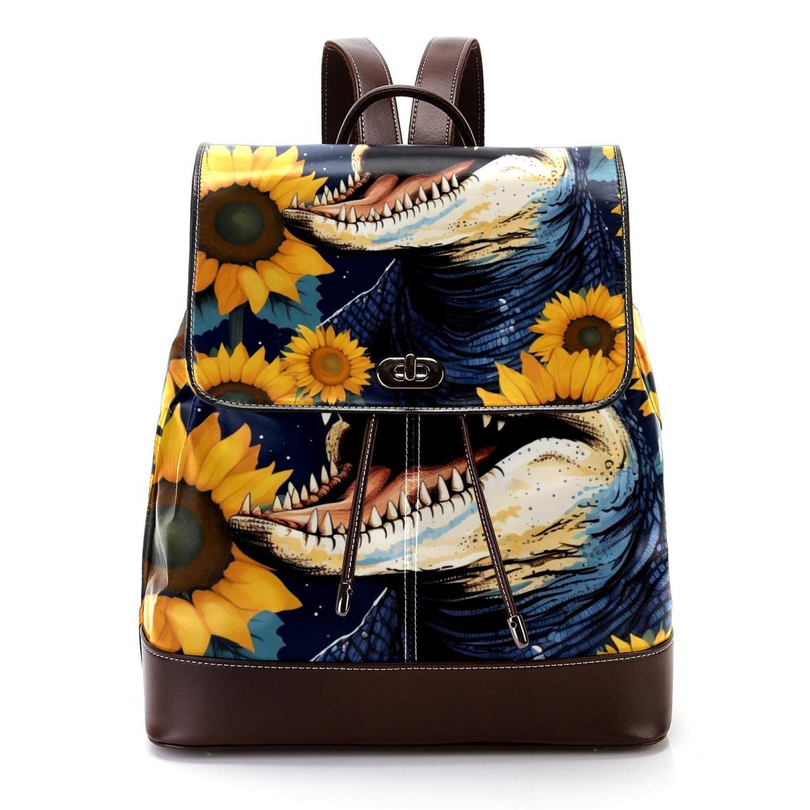 Crocodile Starry Sky Sunflower Women's PU Leather School Bag Backpack ...