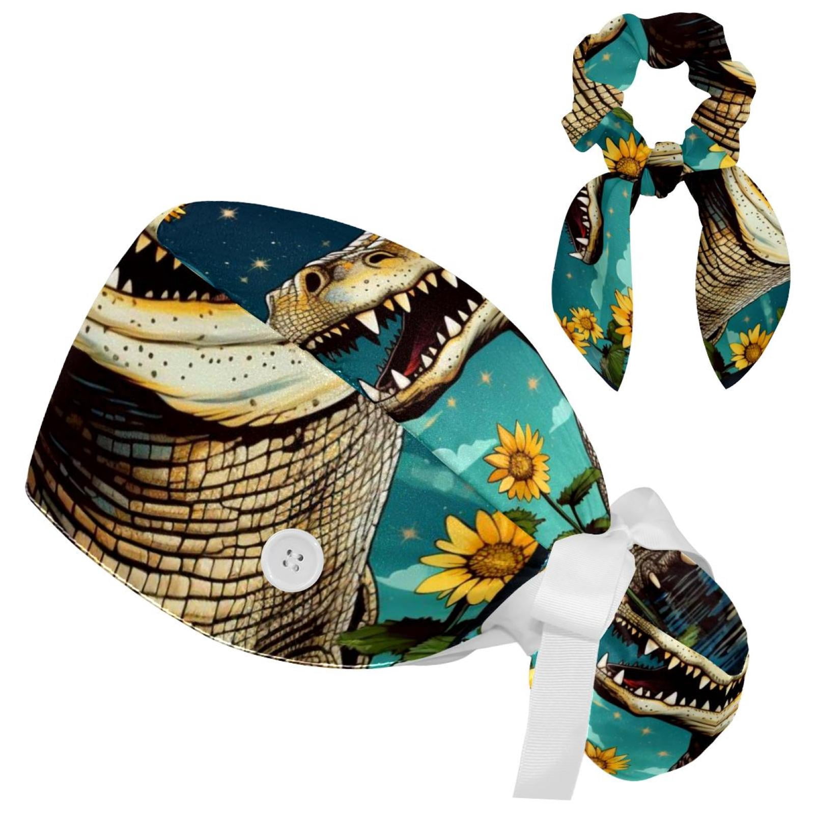 Crocodile Starry Sunflower Surgical Cap with Buttons/ Bow Hair Scrunchy ...