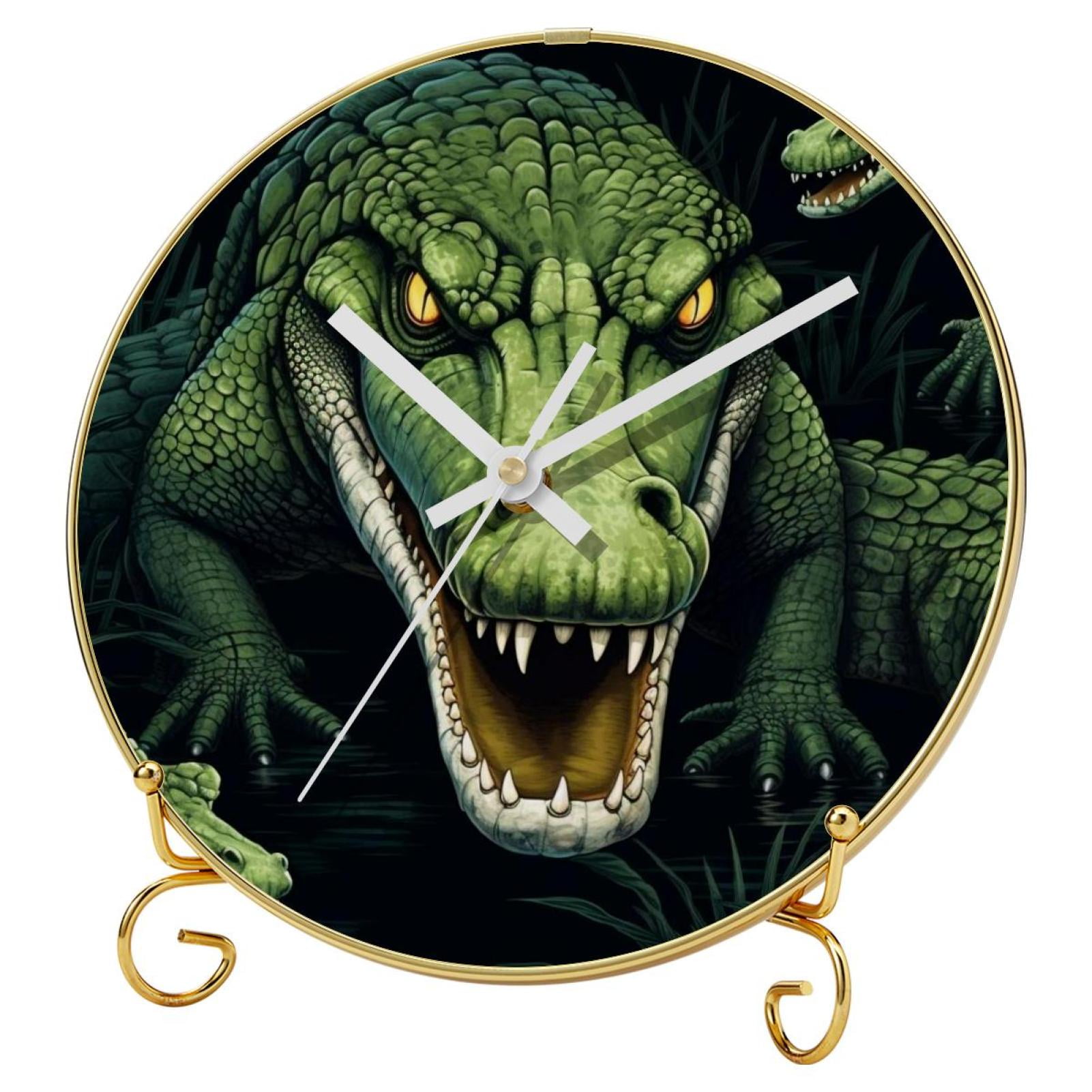 Crocodile Stylish Round Wall Clock with Printed Design, Hooks, and Gold ...