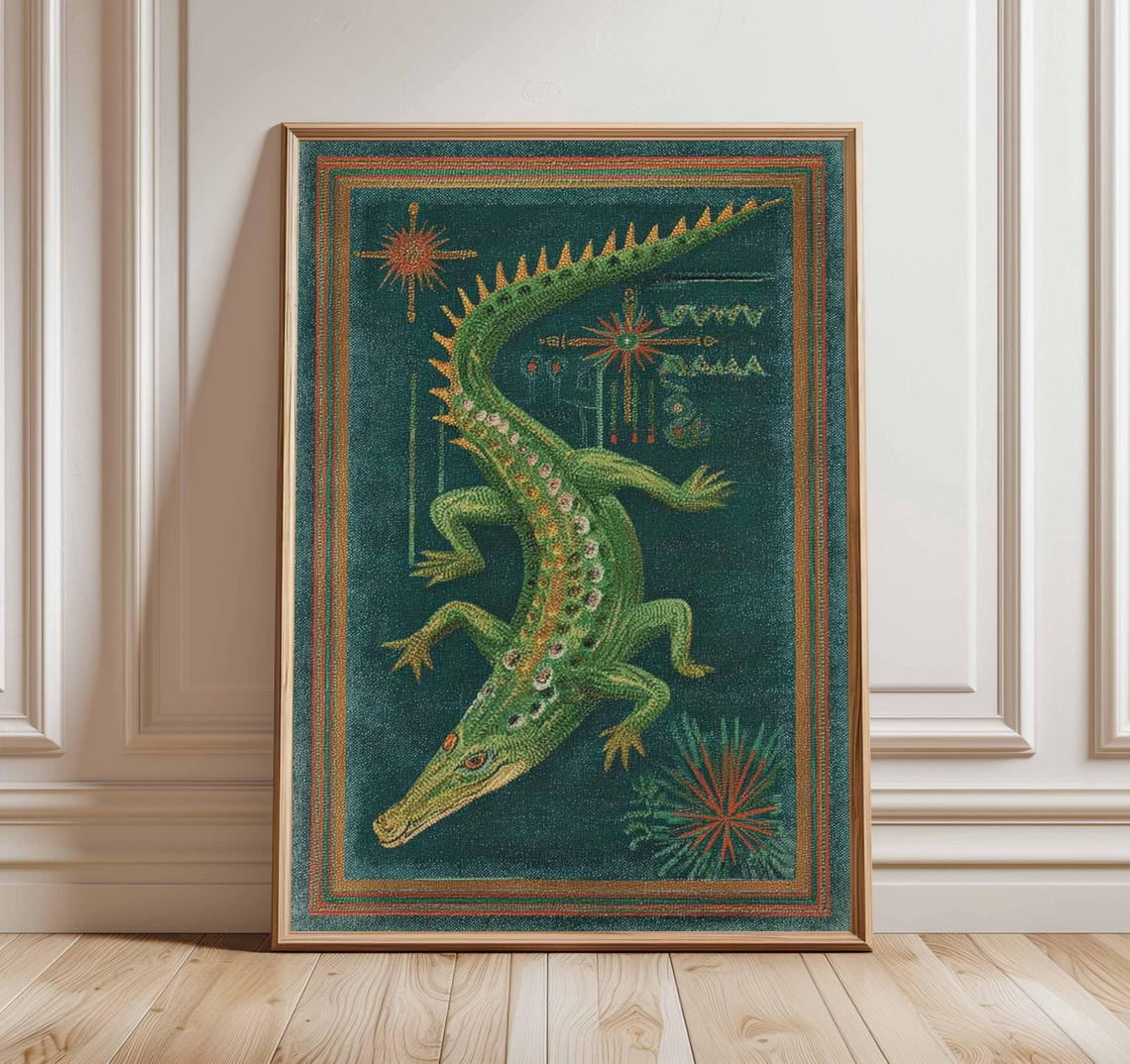 Crocodile Vintage Folk Art Illustration Green Jungle Boho Exotic ...