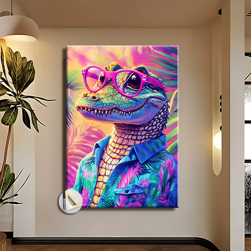 Crocodile wearing pink glasses, tropical style Poster Canvas Print Wall Art Bedroom Room ...