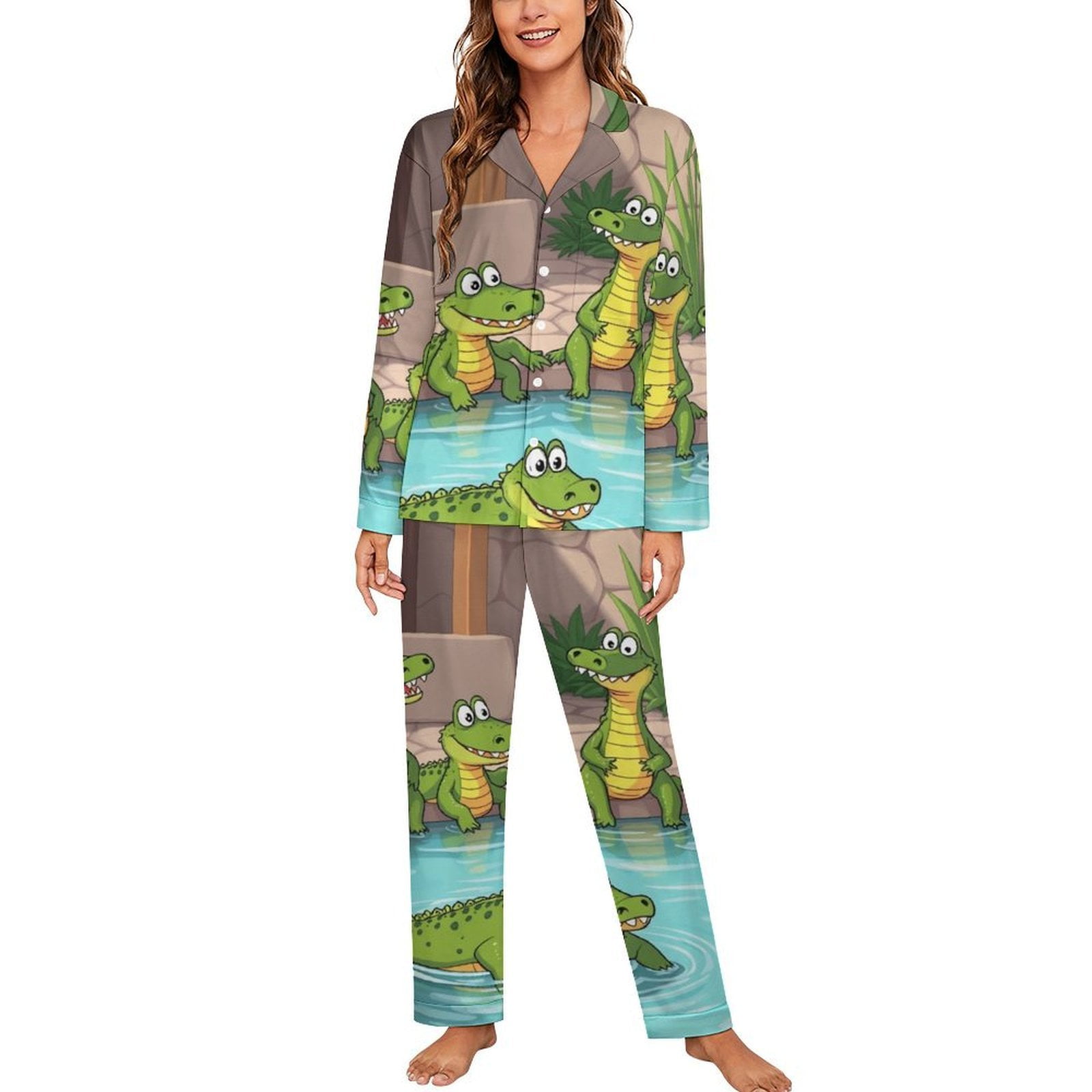 Crocodiles Swimming Pool Pajamas Night V Neck Nightwear Lady Two Piece ...