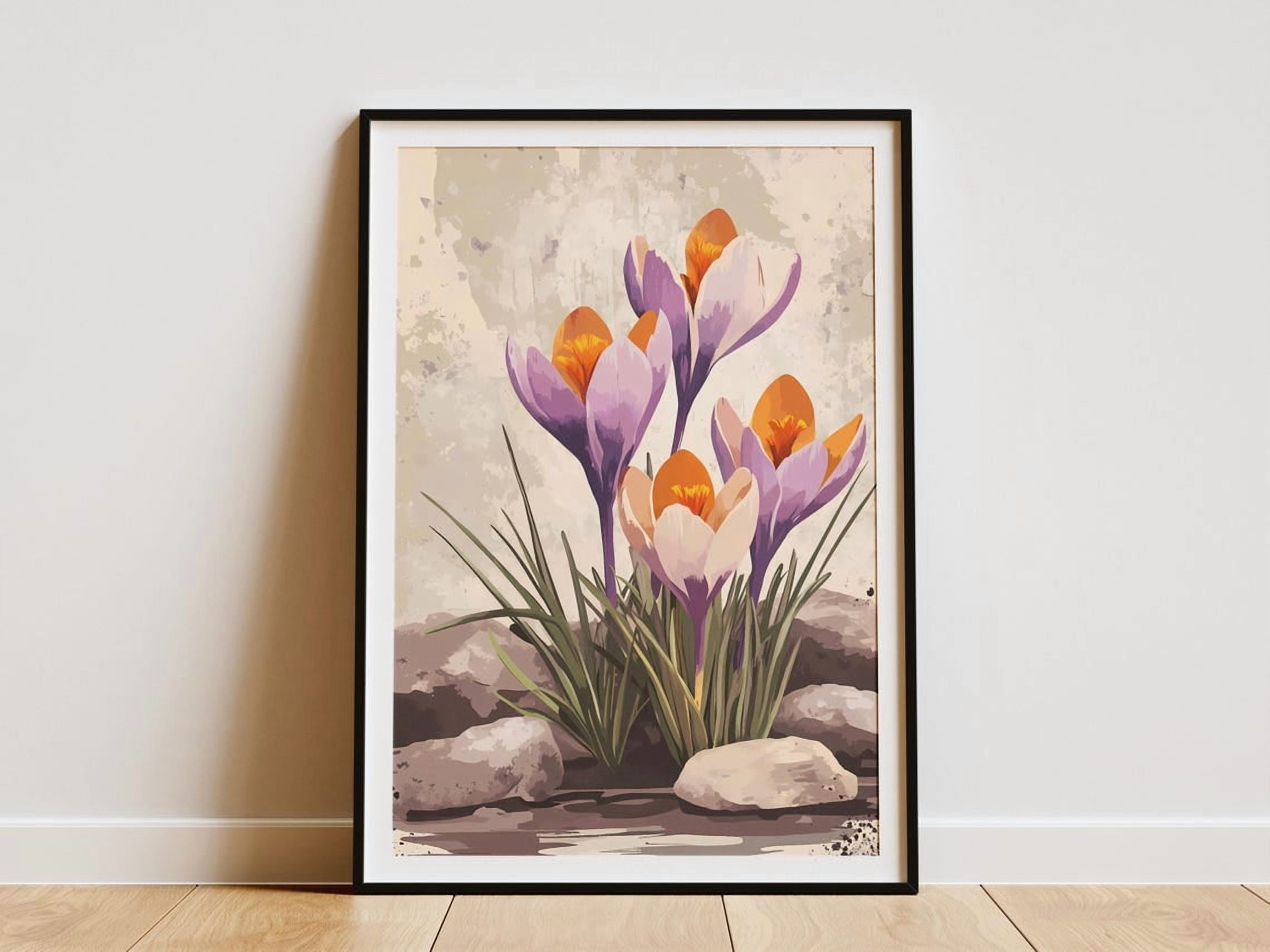 Crocus Flowers Purple Orange Botanical Modern Illustration Floral Wall ...