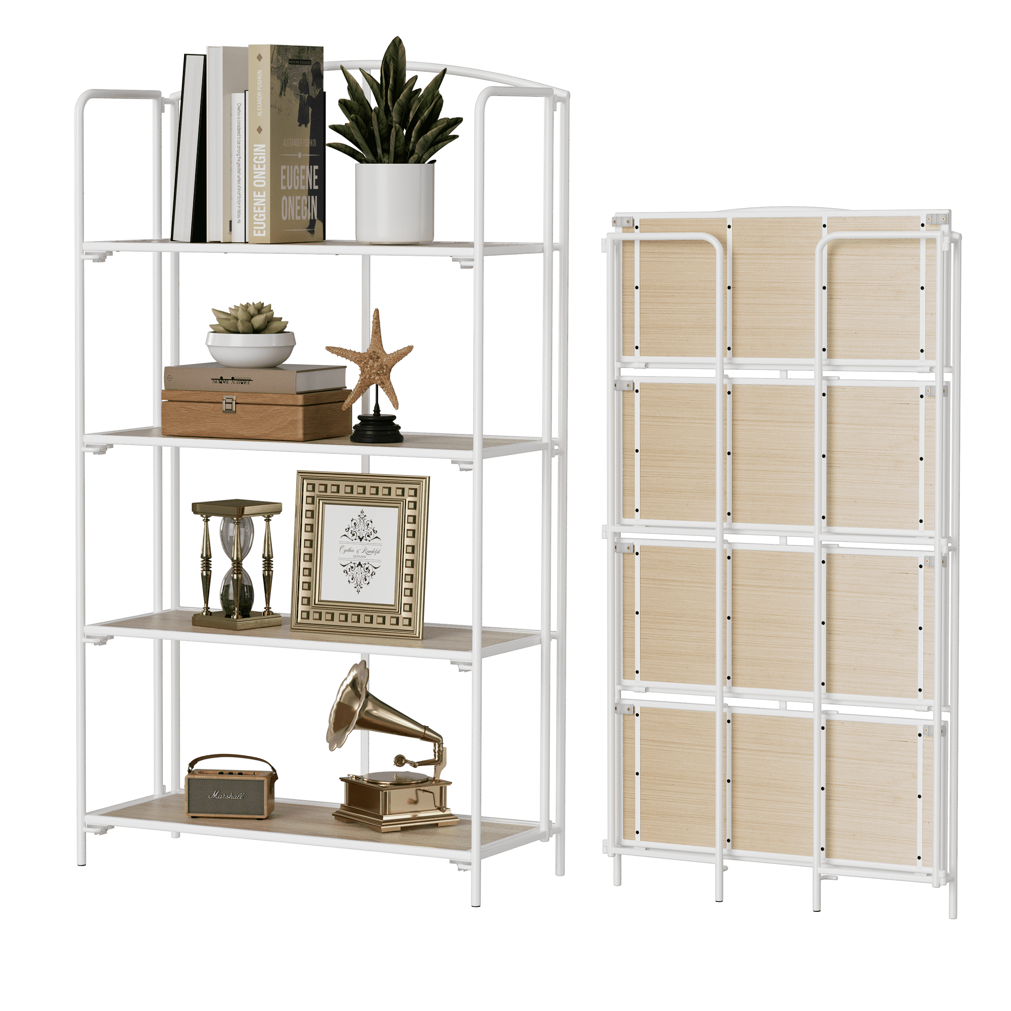 Crofy 4 Tier Folding White Metal Bookshelf, 12.87" D x 30.9" W x 55.71 ...