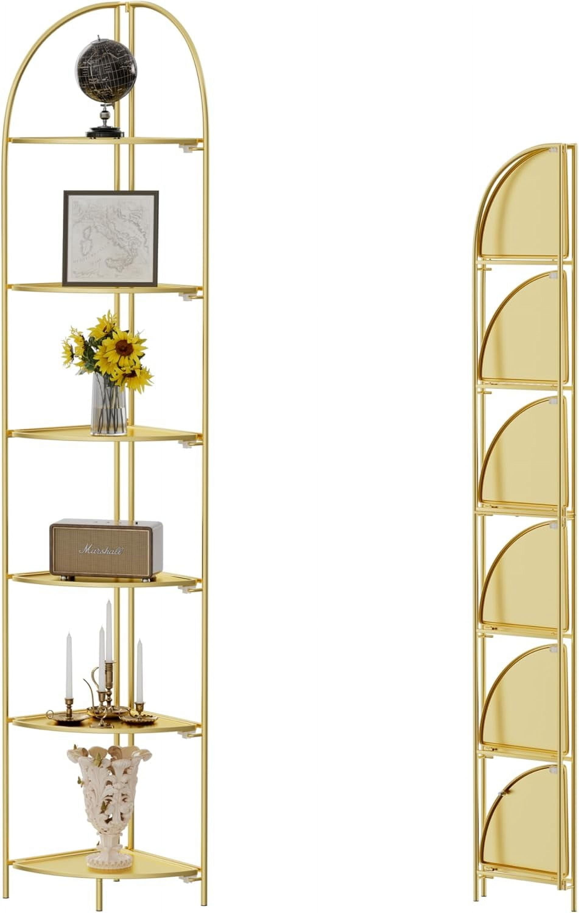 Foldable 5 Tier Corner Shelf, Metal Corner Plant Stand with Gold Frame ...