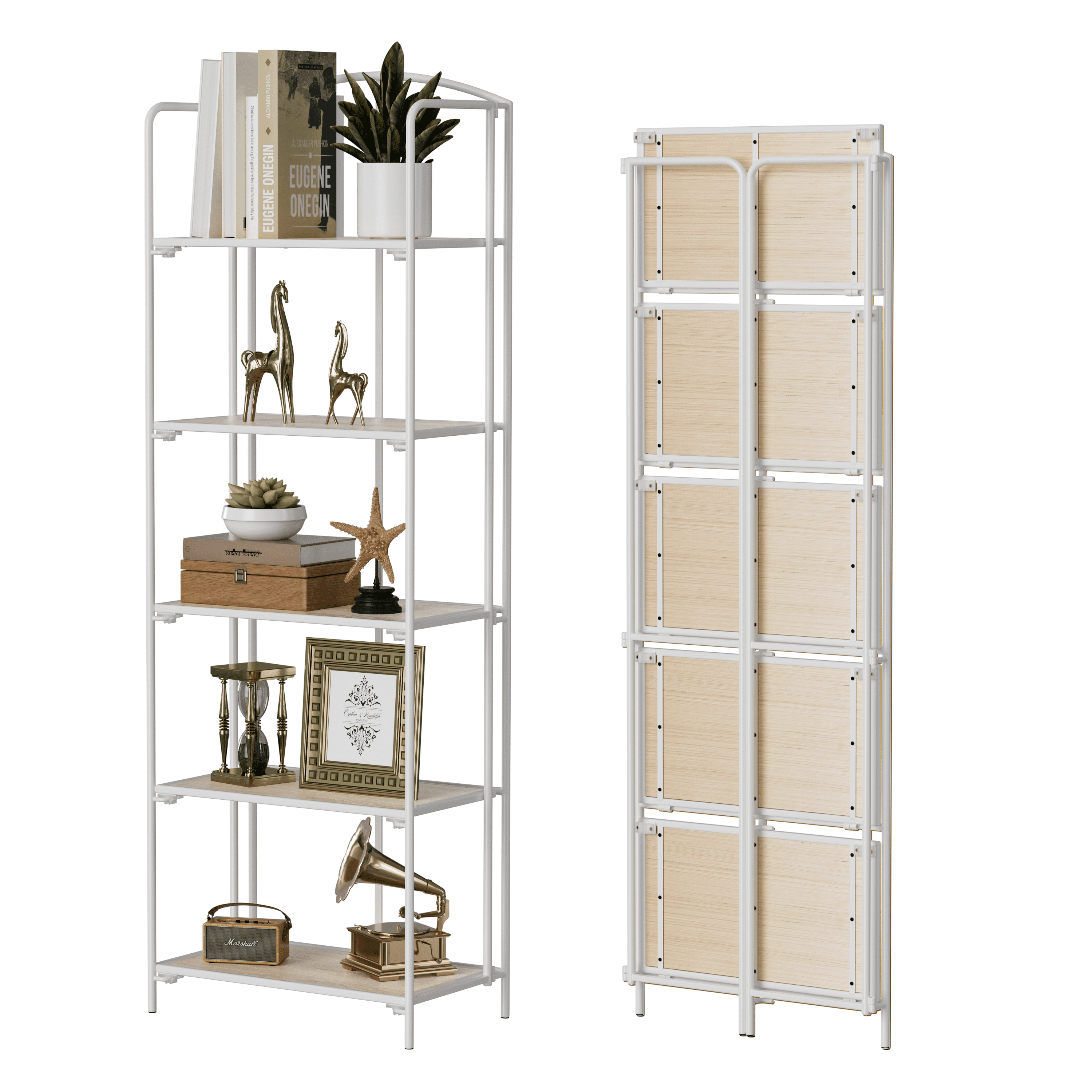 Crofy No Assembly Folding Bookshelf, 5 Tier White Bookshelf, Metal Book ...