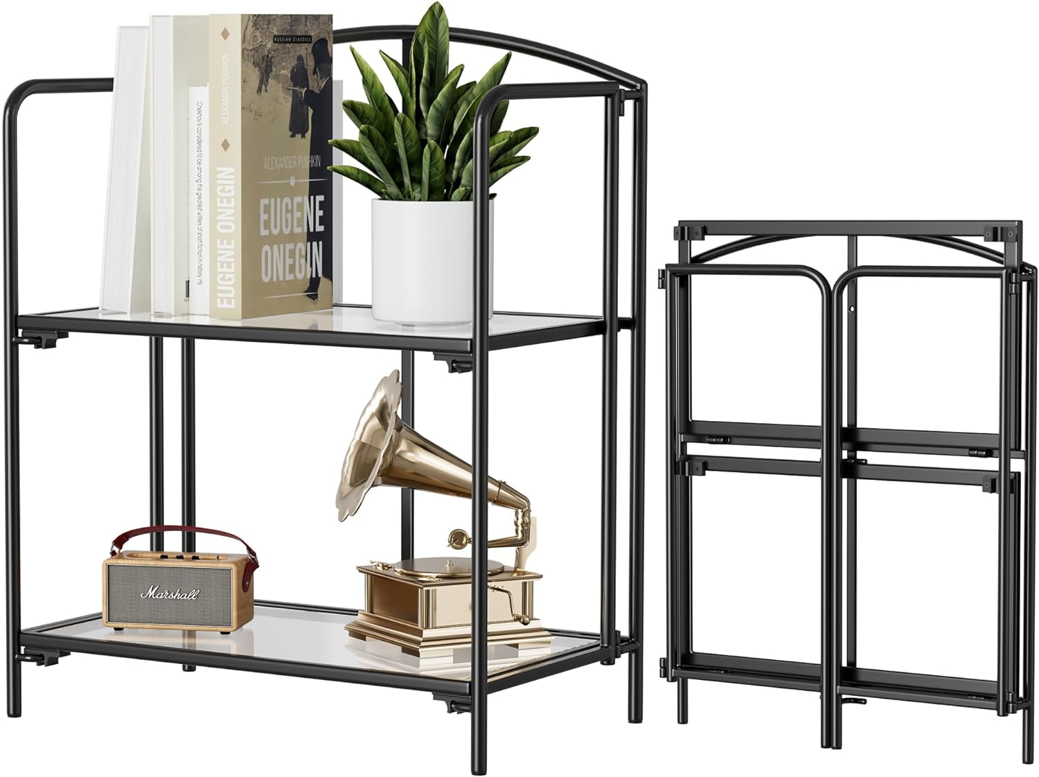 Crofy No Assembly Folding Bookshelf for Living Room, 2 Tier Black ...