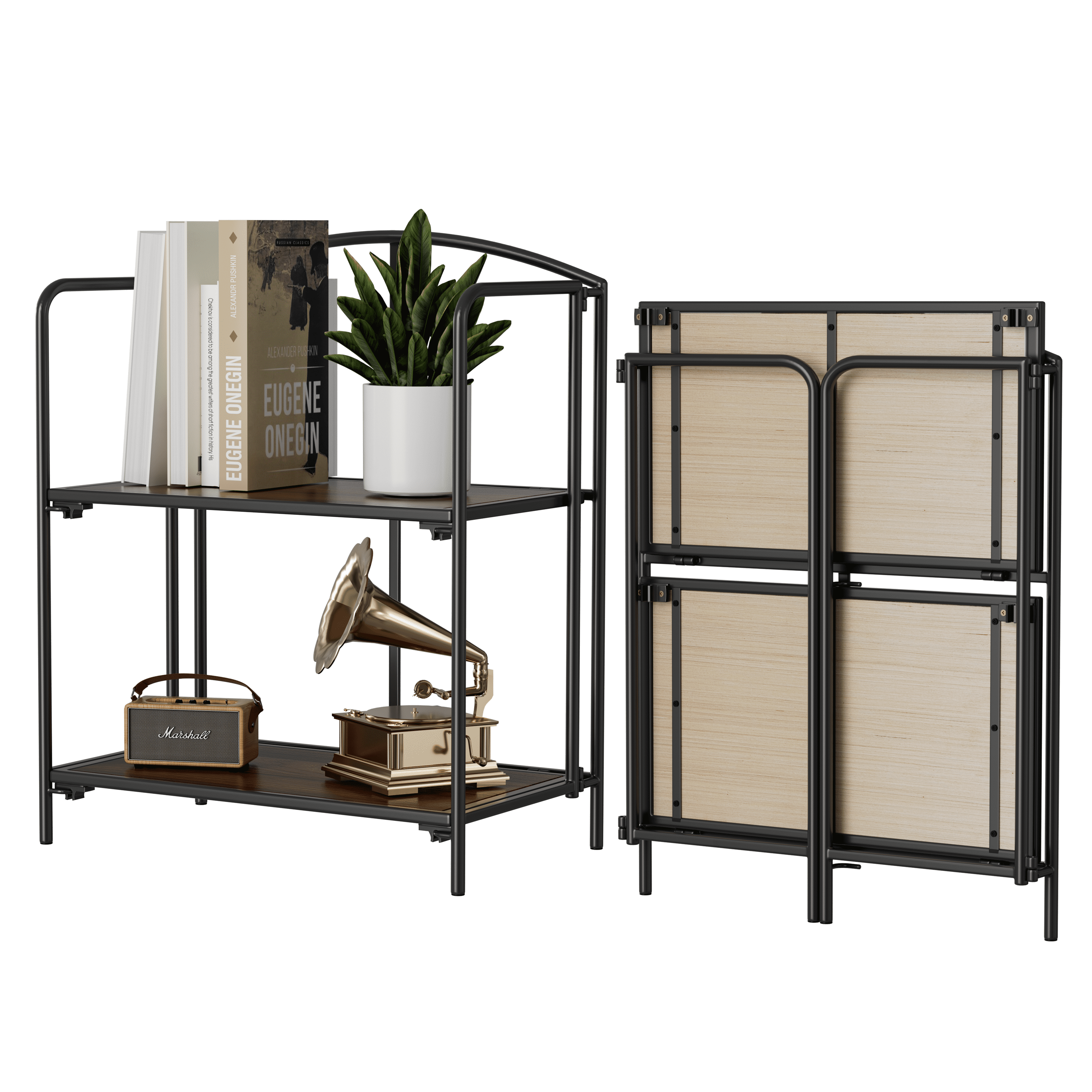 Crofy No Assembly Folding Bookshelf for Living Room, 2 Tier Black ...