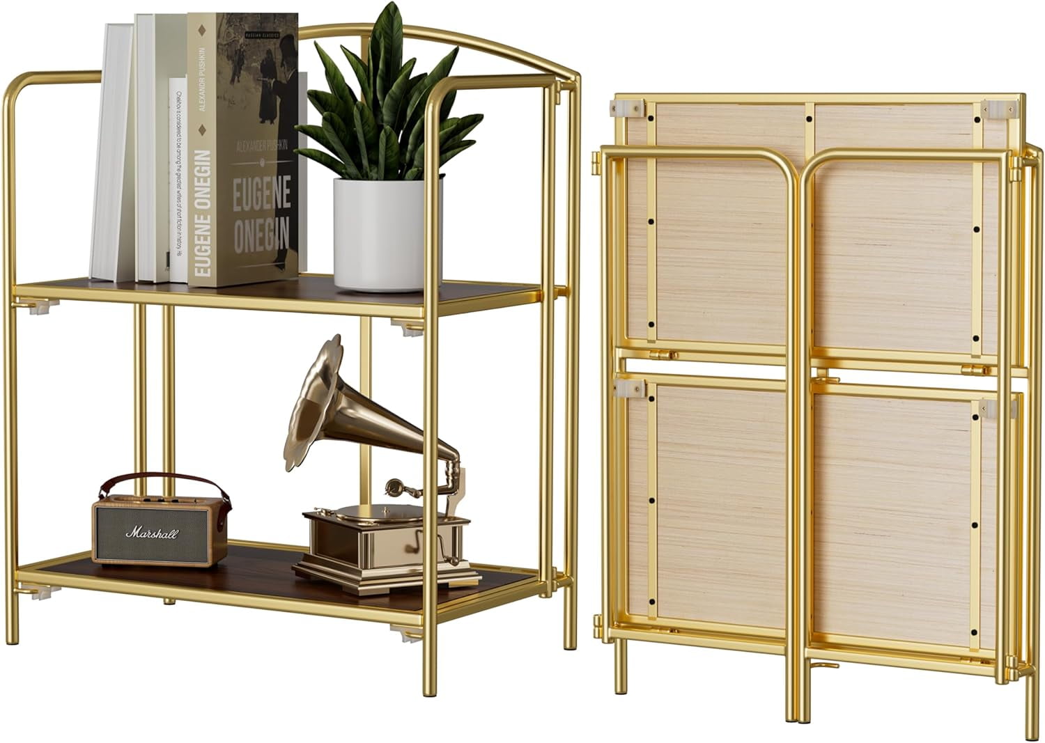 Crofy No Assembly Folding Bookshelf for Living Room, 2 Tier Gold ...