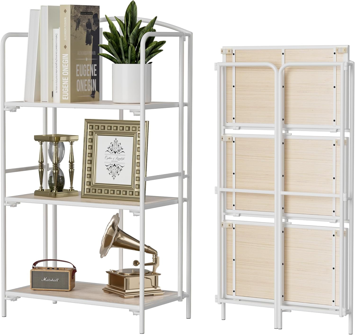 Crofy No Assembly Folding Bookshelf for Living Room, 3 Tier White ...