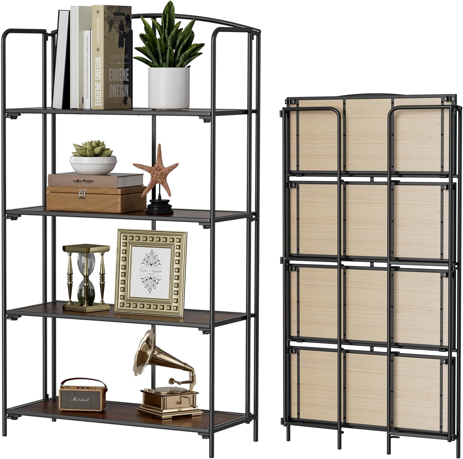 Crofy No Assembly Folding Bookshelf for Living Room, 4 Tier Black ...