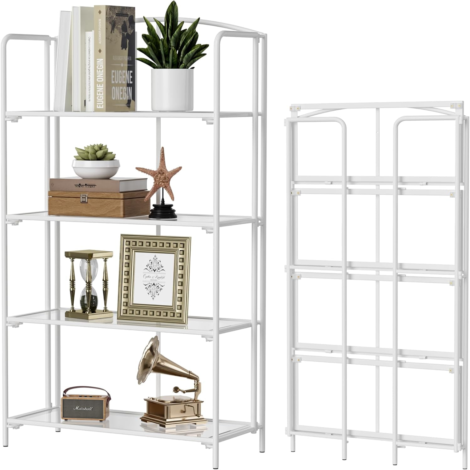 Crofy No Assembly Folding Bookshelf for Living Room, 4 Tier White ...