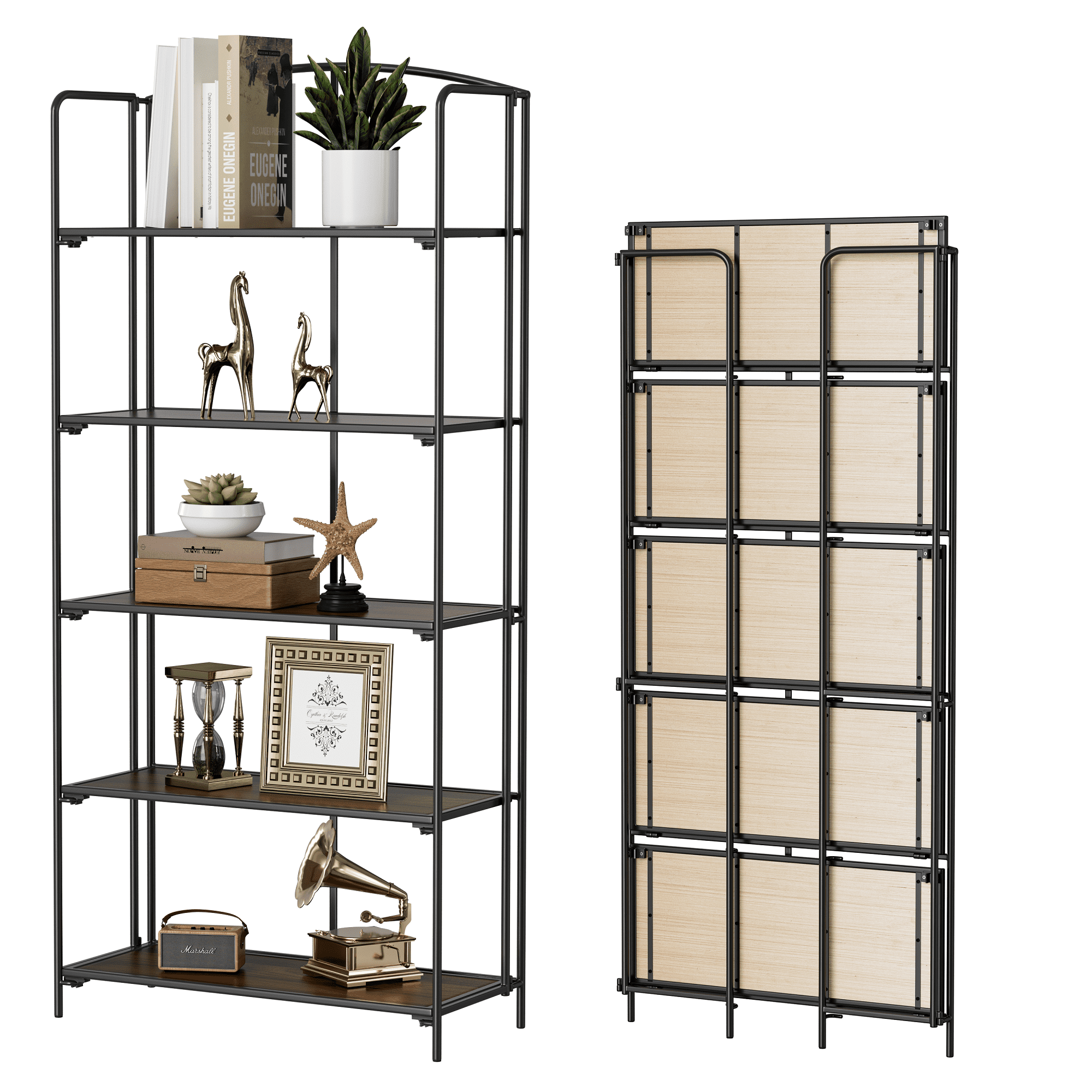 Crofy No Assembly Folding Bookshelf for Living Room, 5 Tier Black ...