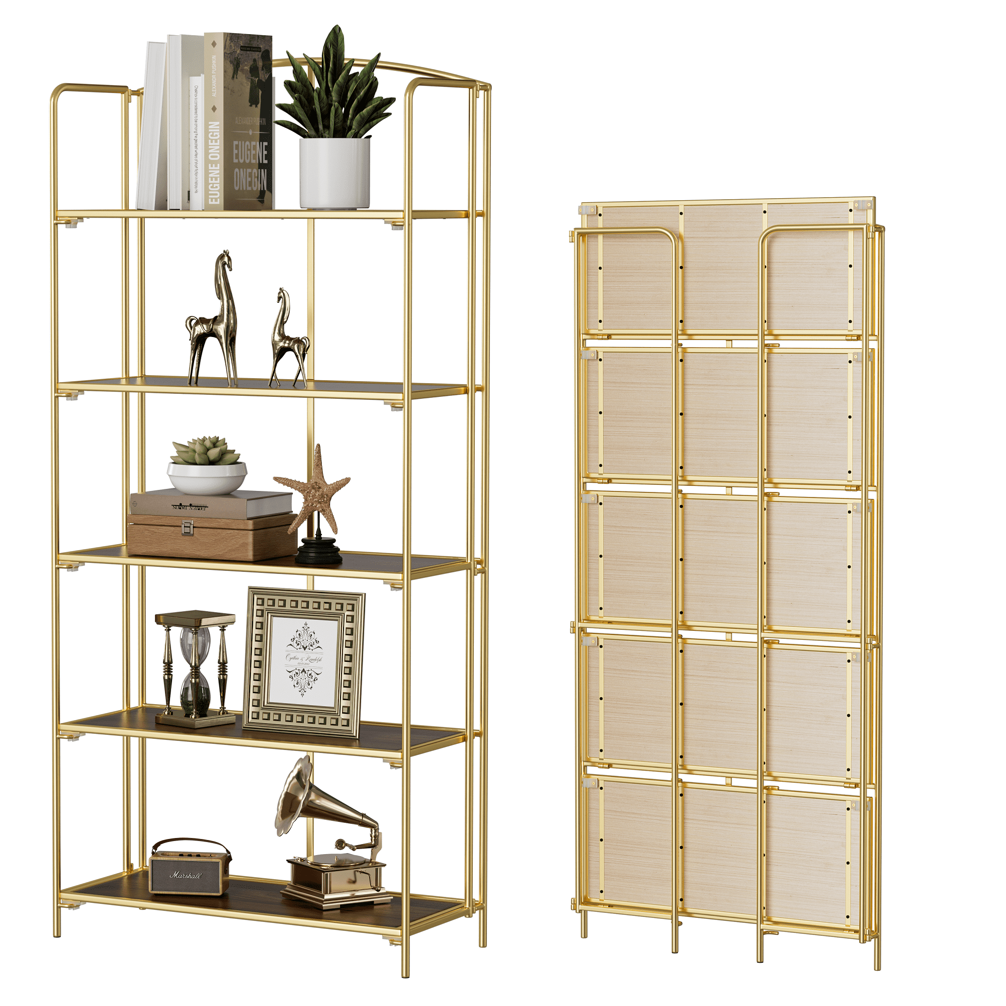 Crofy 5-Tier Collapsible Gold Bookcase, Portable Storage Organizer ...