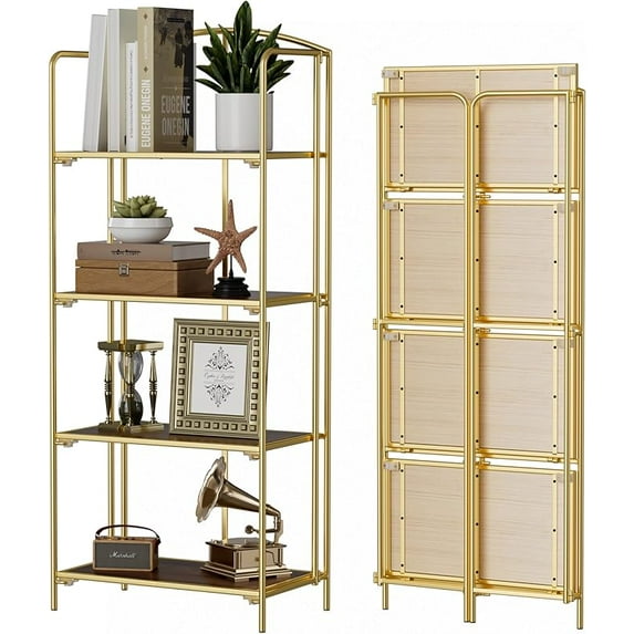 Crofy No Assembly Folding Bookshelf for Living Room, 5 Tier Gold ...