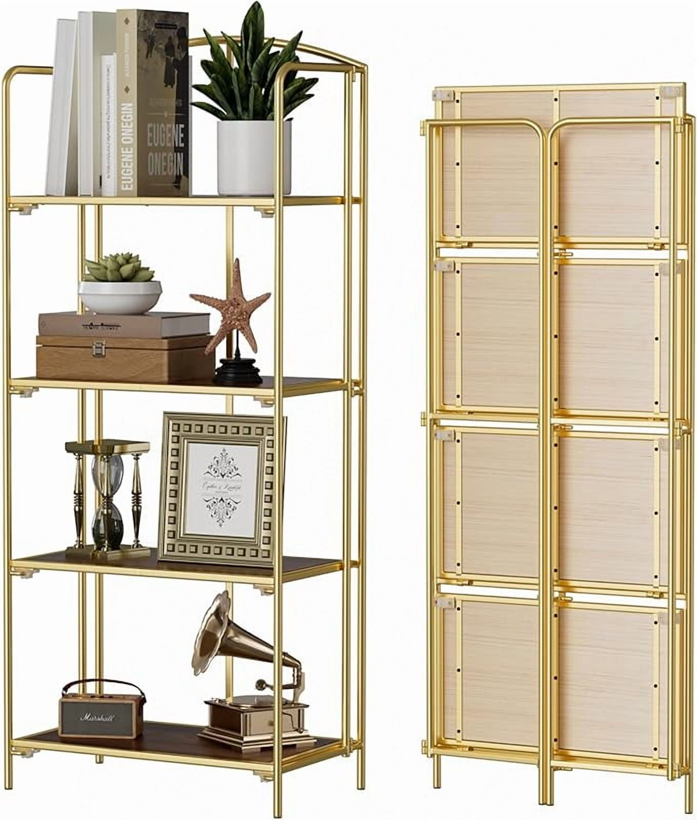 Crofy No Assembly Folding Bookshelf for Living Room, 5 Tier Gold ...