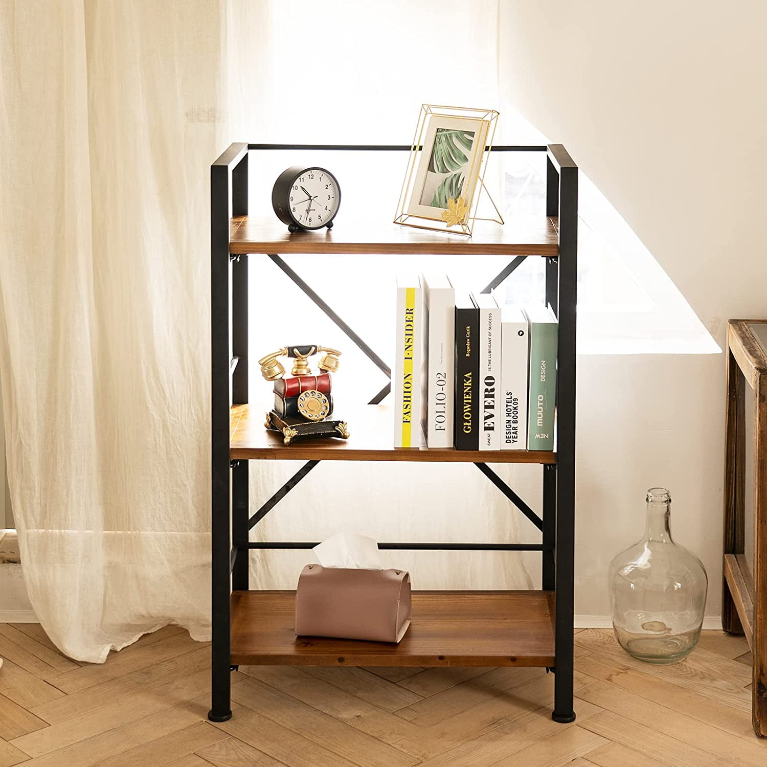 Crofy Rustic Bookshelf, 3 Tier Real Wood Bookshelf, Metal Book Shelf ...