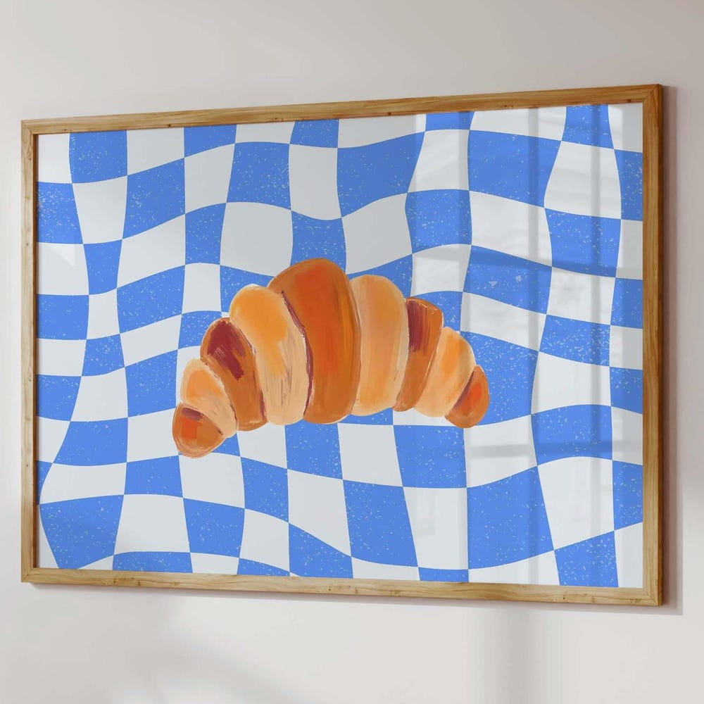 Croissant Print: Blue Checkerboard French Pastry Kitchen Decor UNFRAMED ...