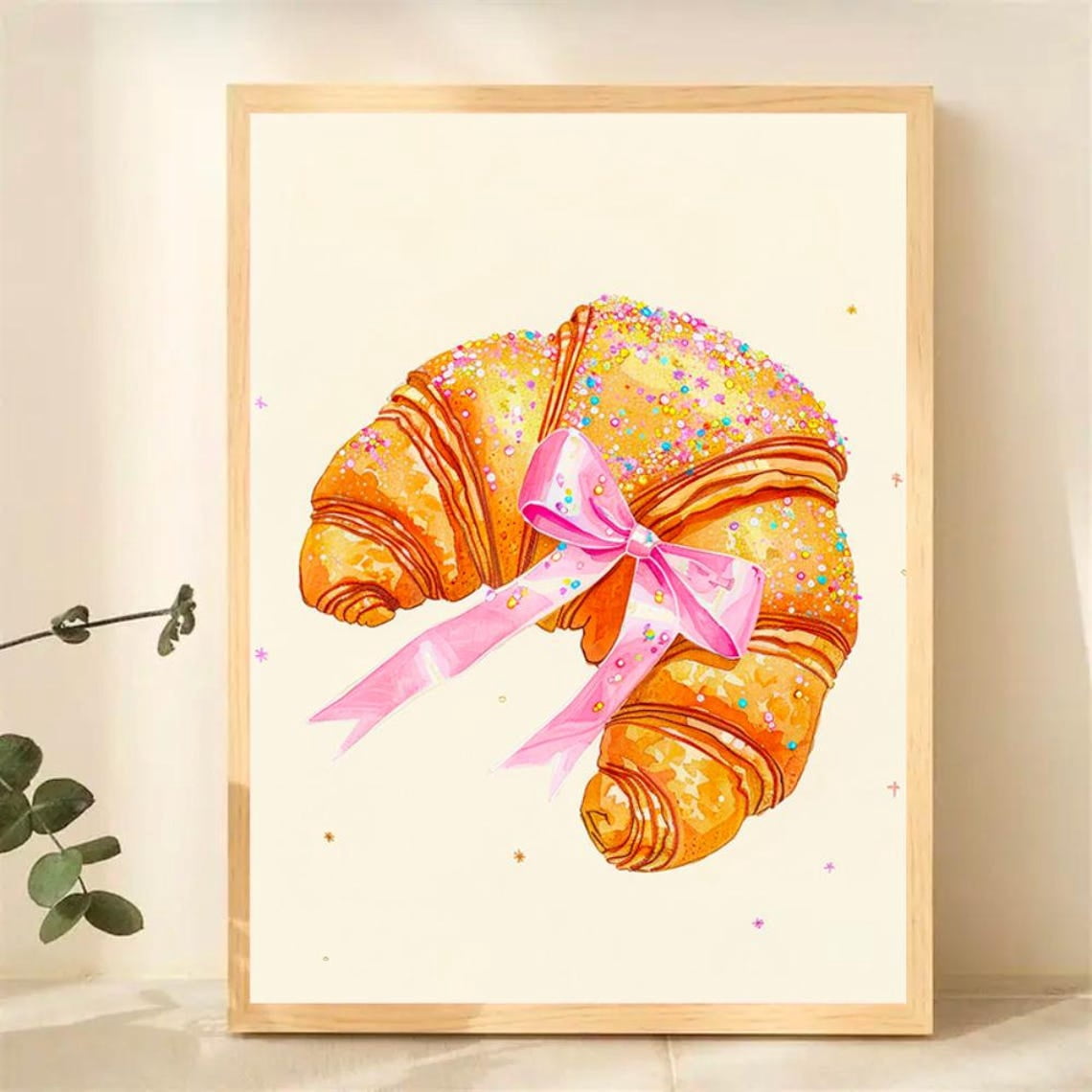 Croissant With Pink Bow Poster, Cute Kitchen Wall Art, Pastel Food ...