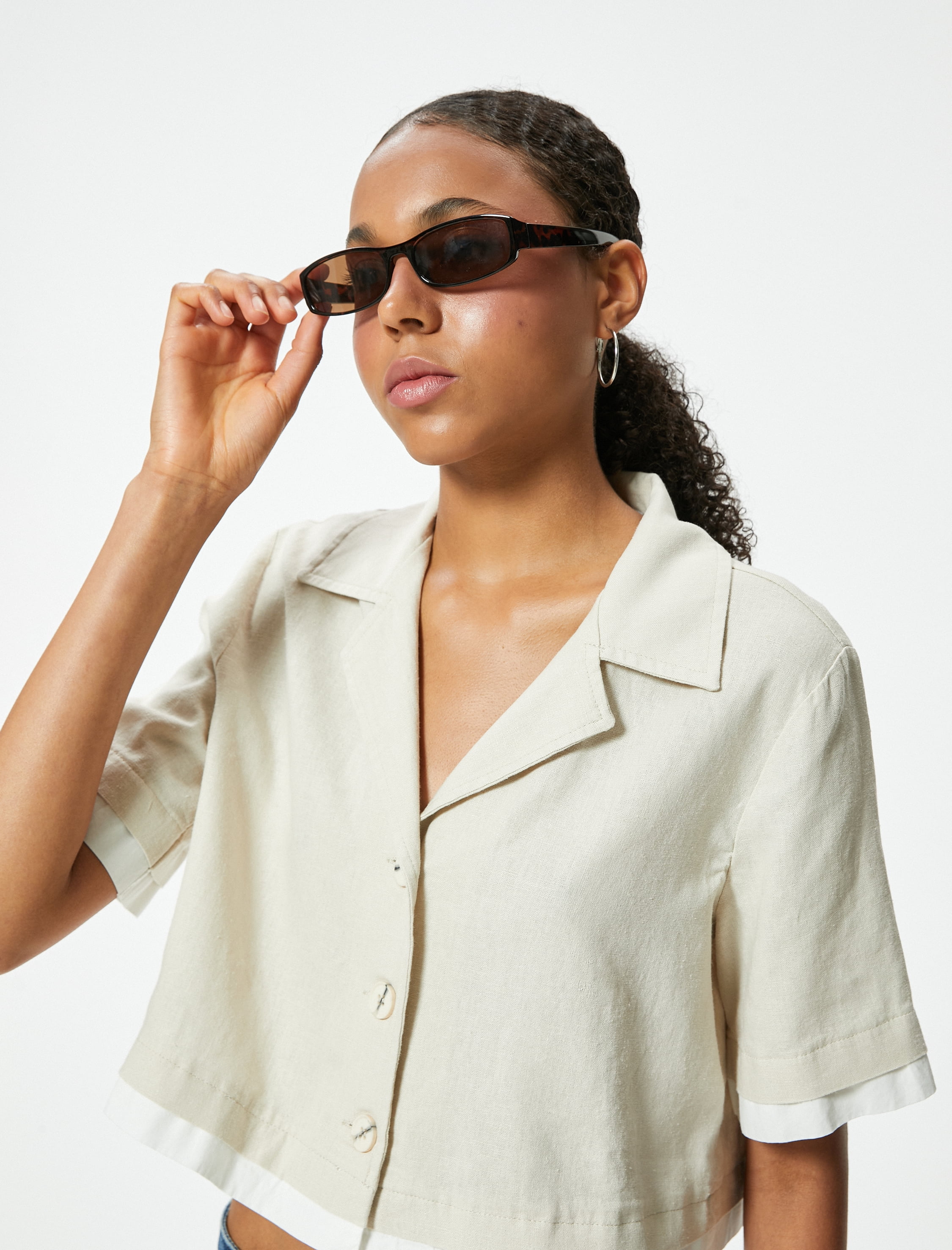 Crop Gömlek Oversize Düğmeli Kısa Kollu Devrik Yaka Keten Karışımlı - Walmart.com