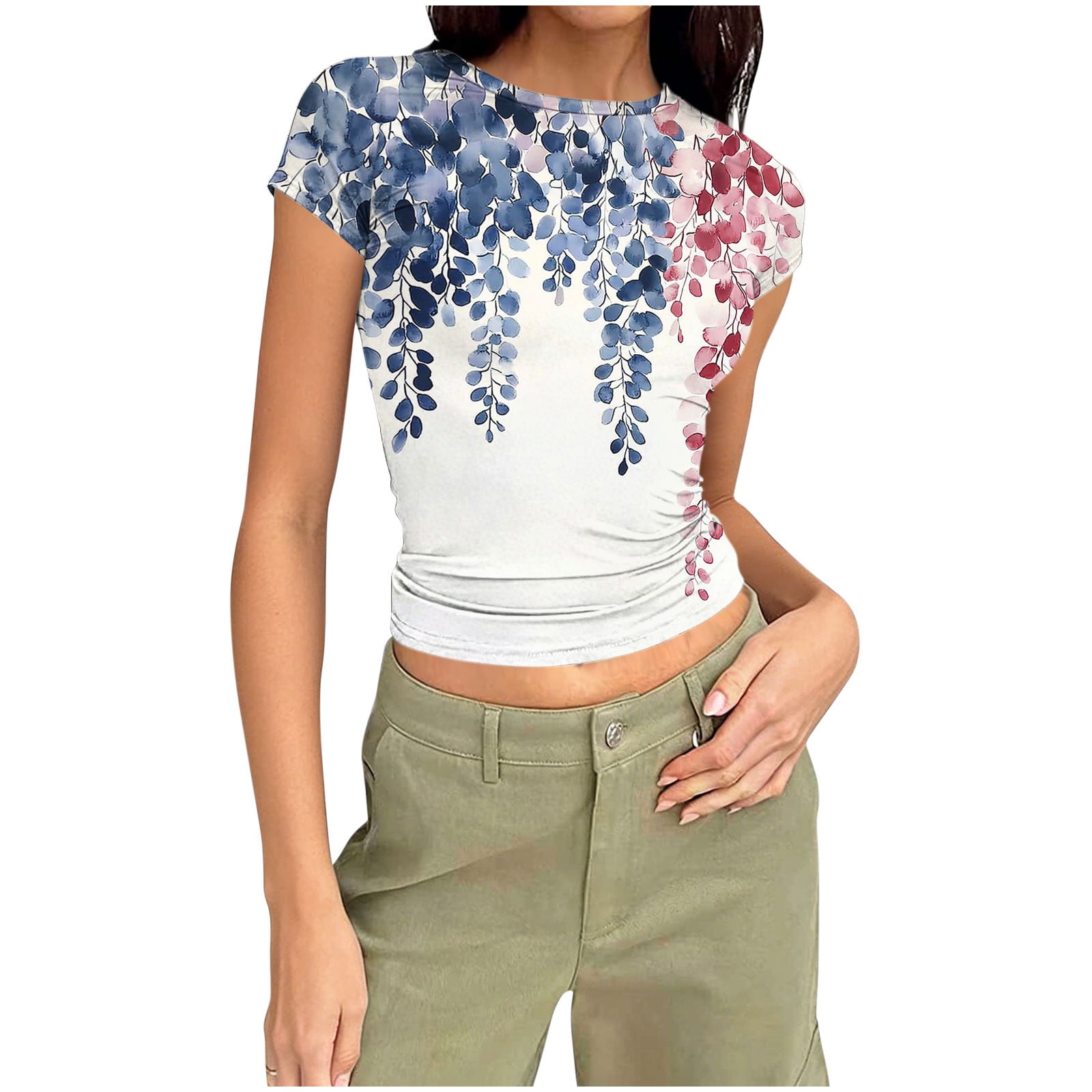 Crop Shirts for Women Tight Tight Short Sleeve Shirt Round Neck Slim ...