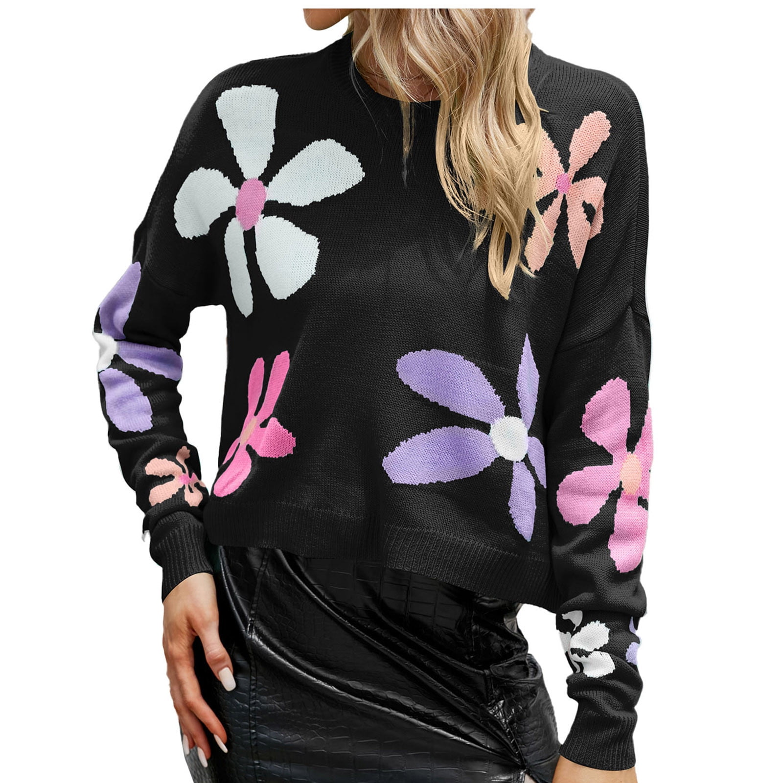 Crop Sweaters Womens Trendy Flower Pattern Long Sleeve Cute Sweater ...