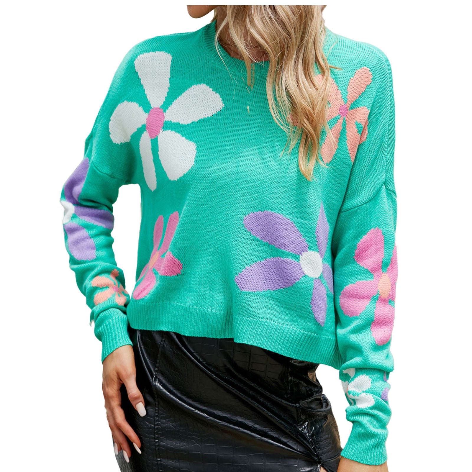 Crop Sweaters Womens Trendy Flower Pattern Long Sleeve Cute Sweater ...