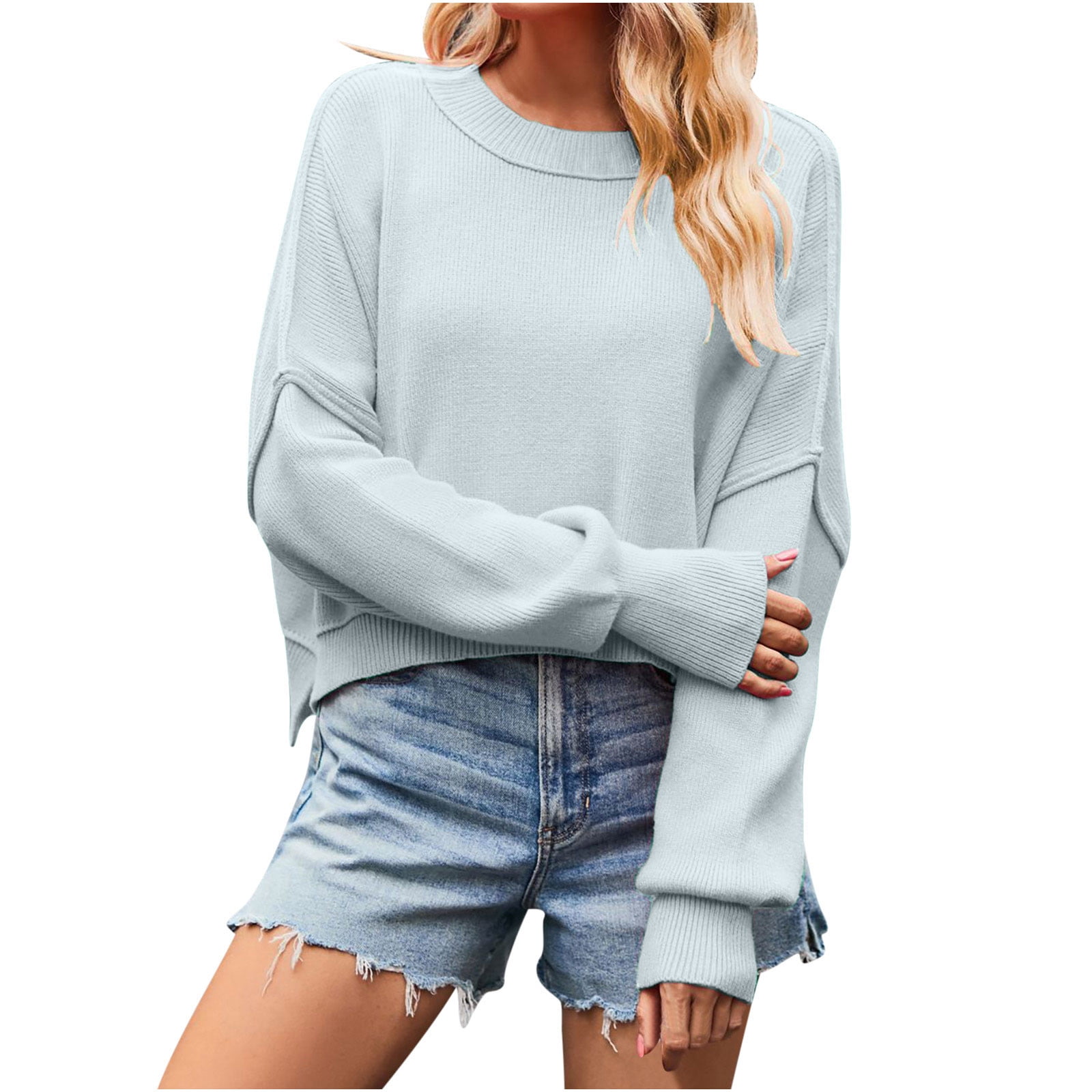 Deals Crop Sweaters for Women Loose Crew Neck Knit Sweatshirt Pullover ...
