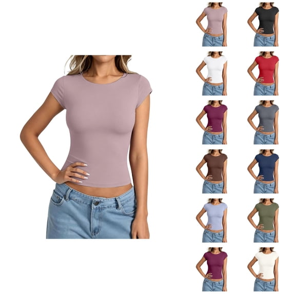 Crop Top for Women Cap Sleeve Crew Neck Plain Fitted Stretchy Casual ...