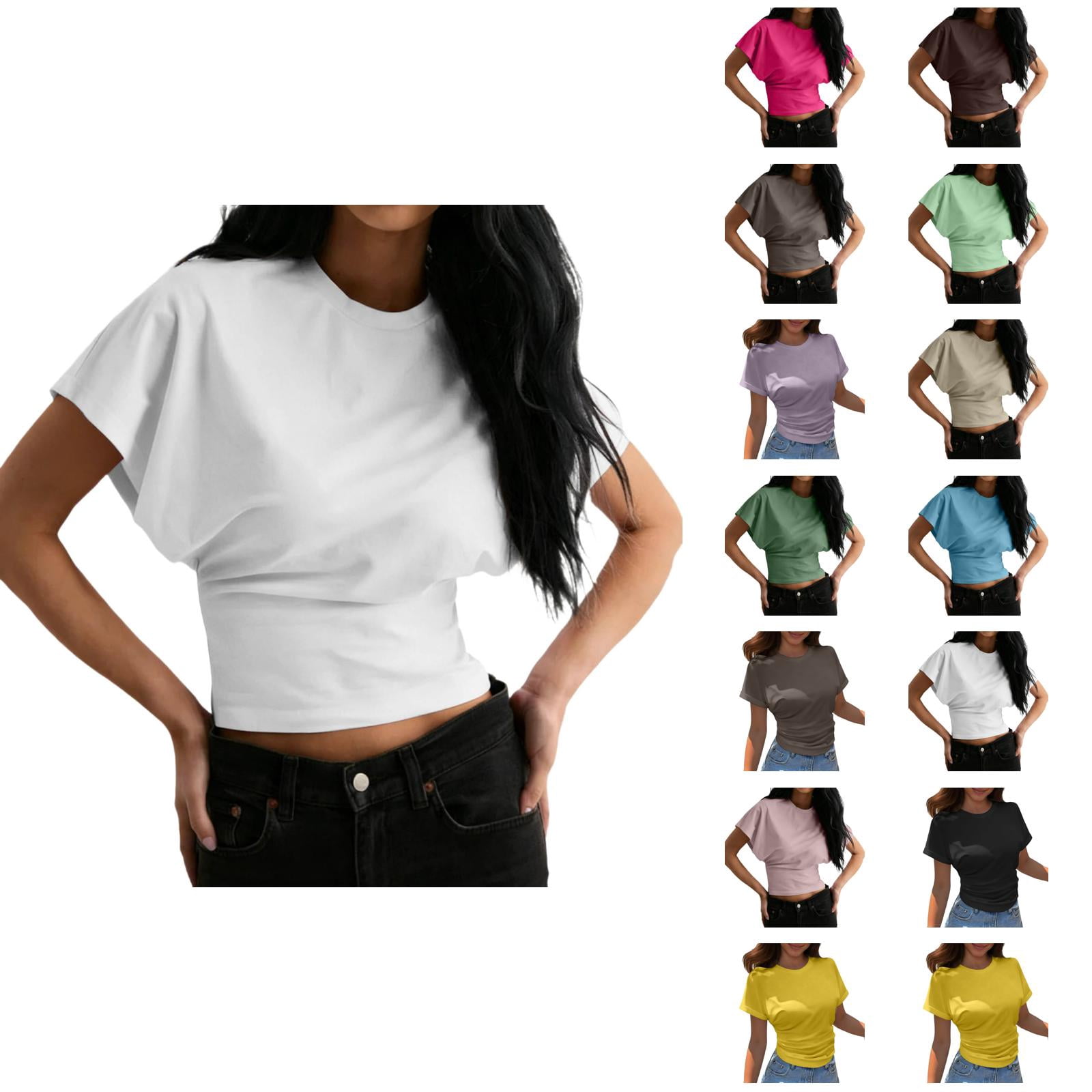 Crop Top for Women Short Sleeve Crew Neck Batwing Drop Shoulder Loose ...