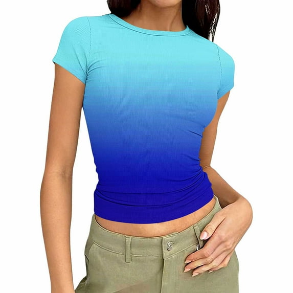 Crop Tops for Women Short Sleeve Crewneck Shirts Rib Striped Slim Fit ...