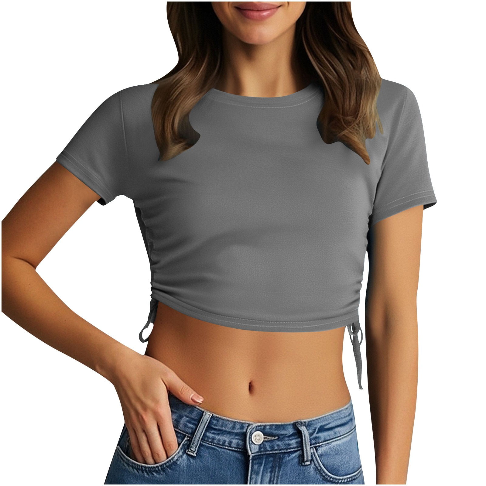 Crop Tops for Women Drawstring Side Slim Fit Shirts Crew Neck Short ...