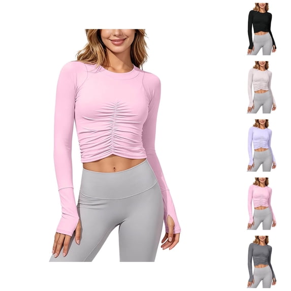 Crop Tops for Women Spring Fall Long Sleeve Crewneck Ruched Slim Fitted ...