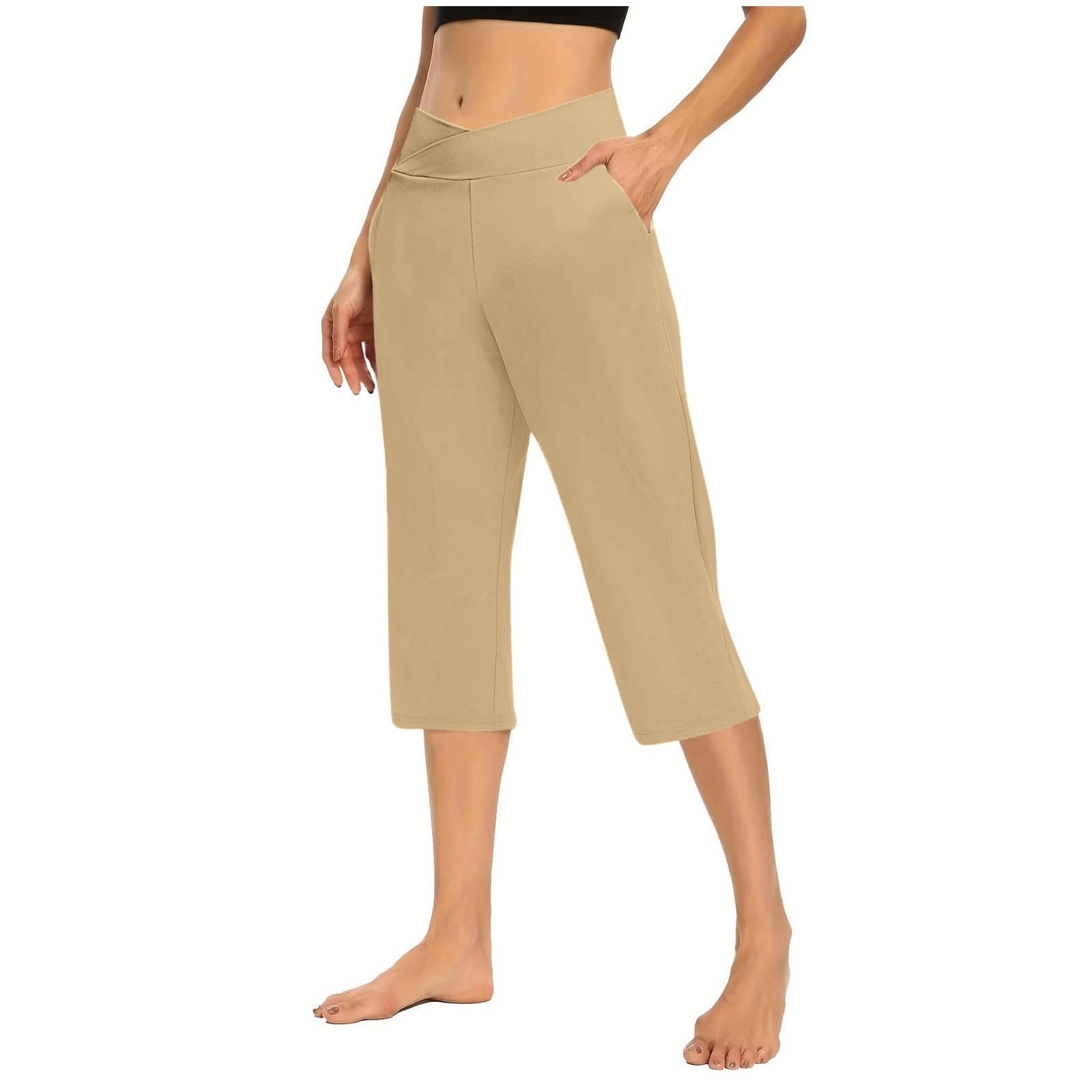 Cropped Business Capri Pants for Women Wide Leg Elastic Waist Yoga ...