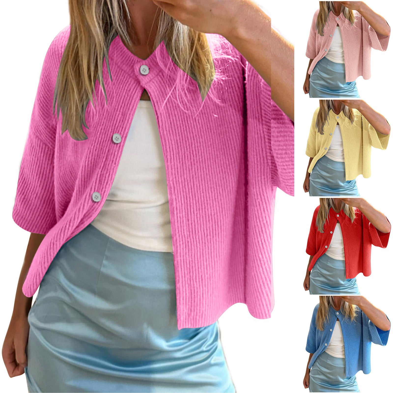 Cropped Cardigan Sweaters for Women Short Sleeve Crew Neck Button Down ...