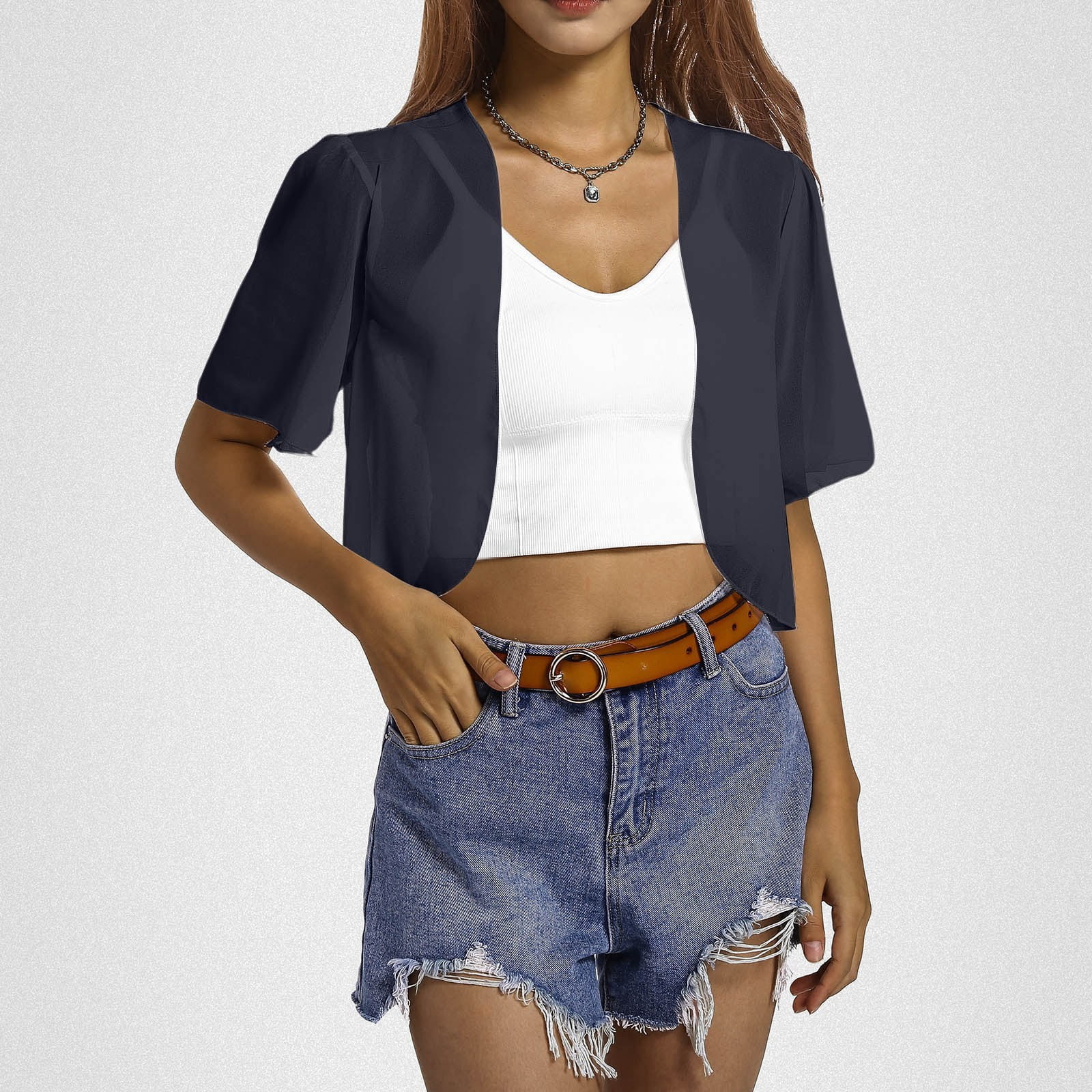 Cropped Cardigan for Women Shrug Chiffon Open Front Short Sleeve Bolero ...
