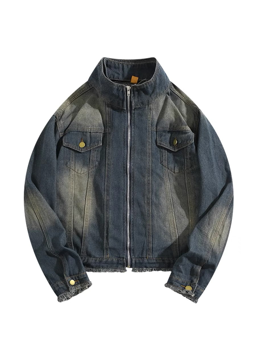 Cropped Denim Jacket Men Women Washed Stand-up Collar Locomotive Cowboy ...