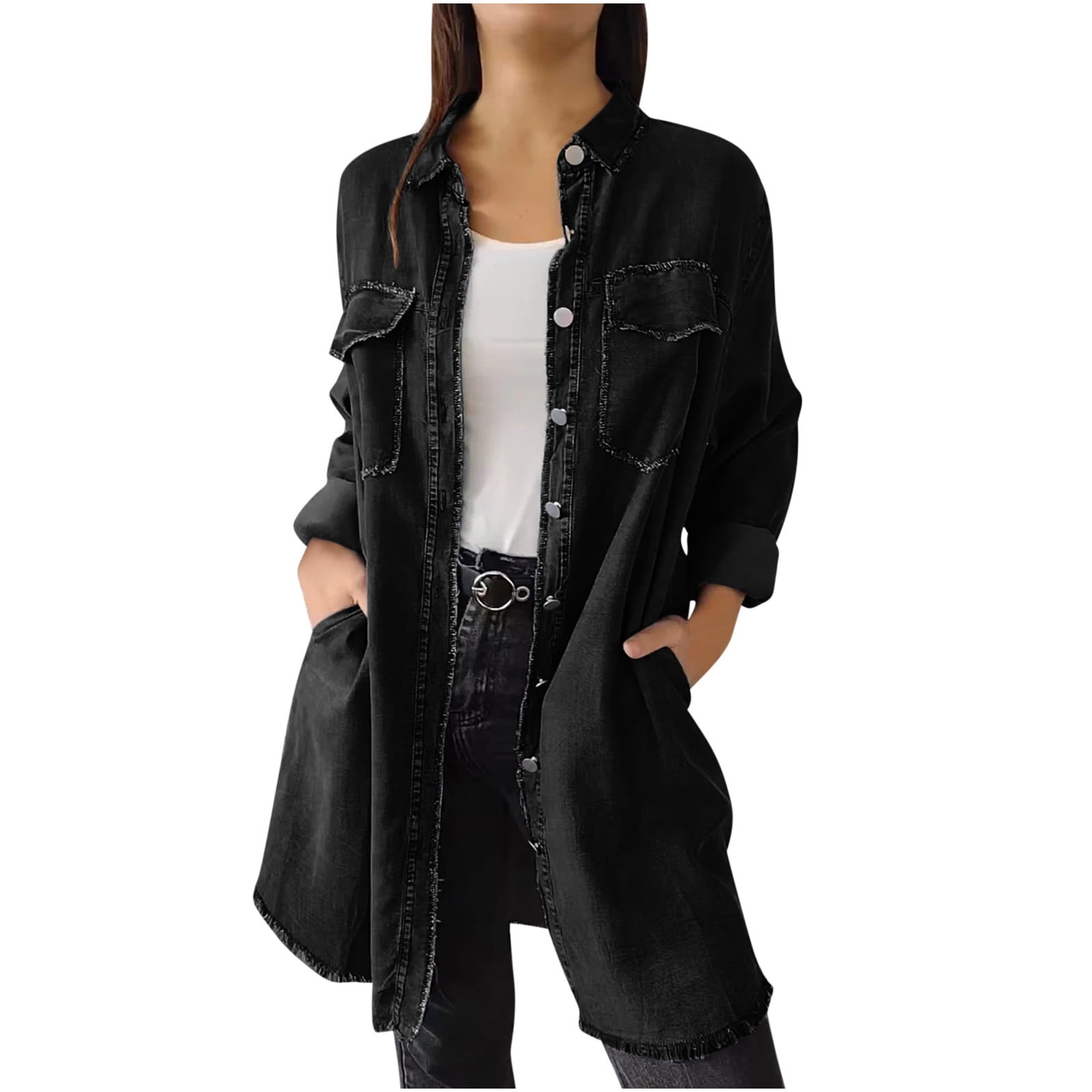 Cropped Denim Jacket for Women Long Denim Jacket for Lady Mid Length ...