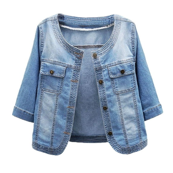 Cropped Denim Jacket for Women 2025 Half Sleeve Button Down Crewneck ...