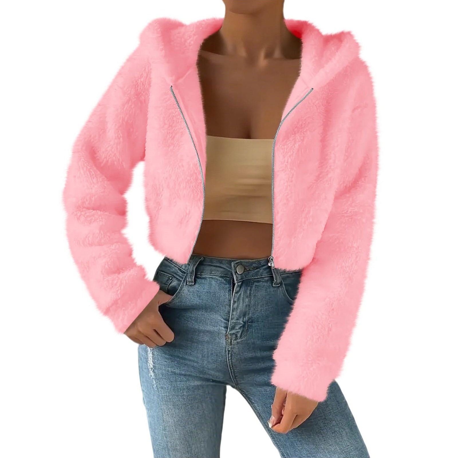 Cropped Fleece Jackets for Women Fashion Zip Up Plush Warm Coats Soft ...